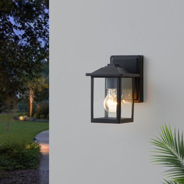Winston Porter Black Outdoor Wall Lantern Scone With Clear Glass Panels ...