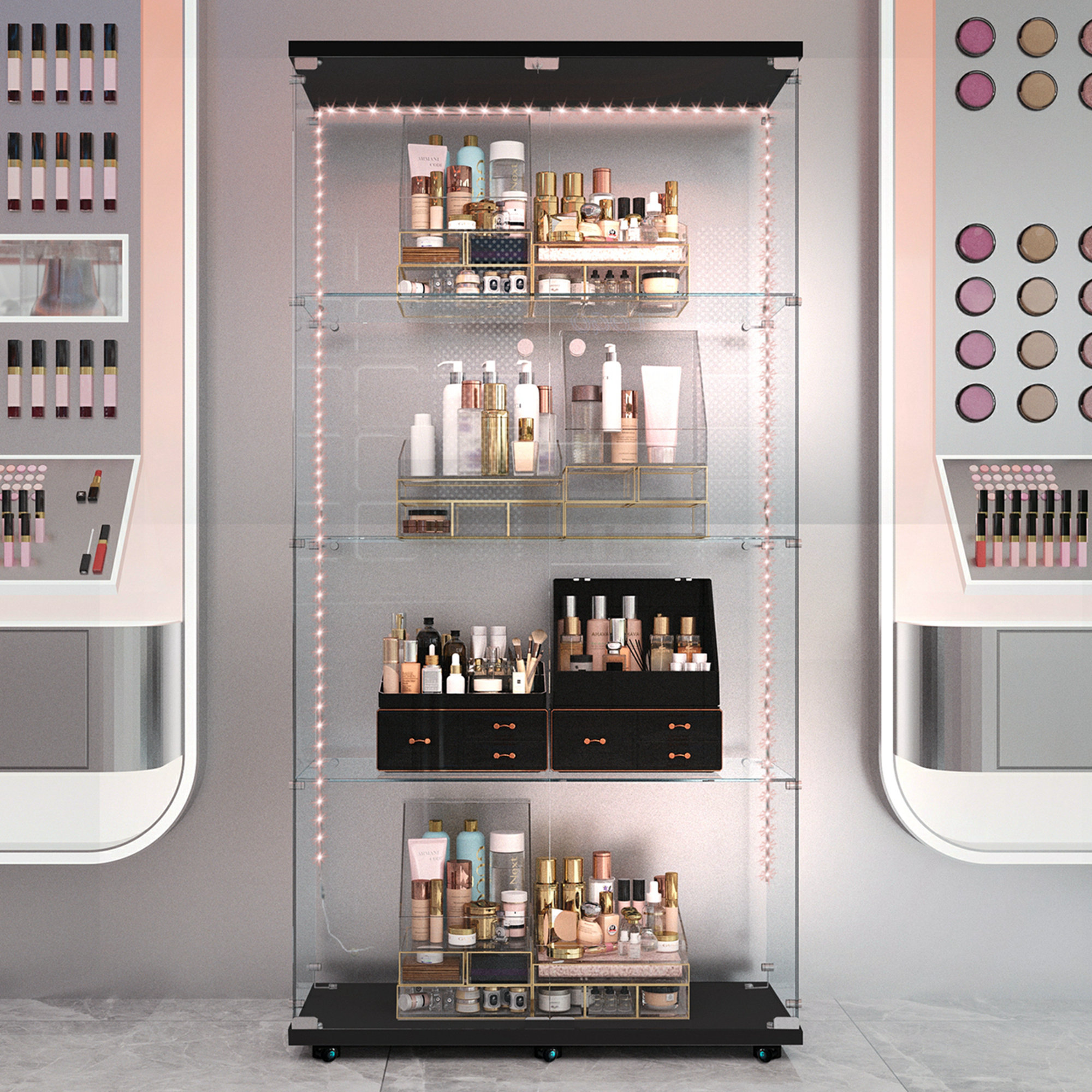 WDDH Glass Display Cabinet 4 Shelves With LED Lights 2 Door, Tempered ...