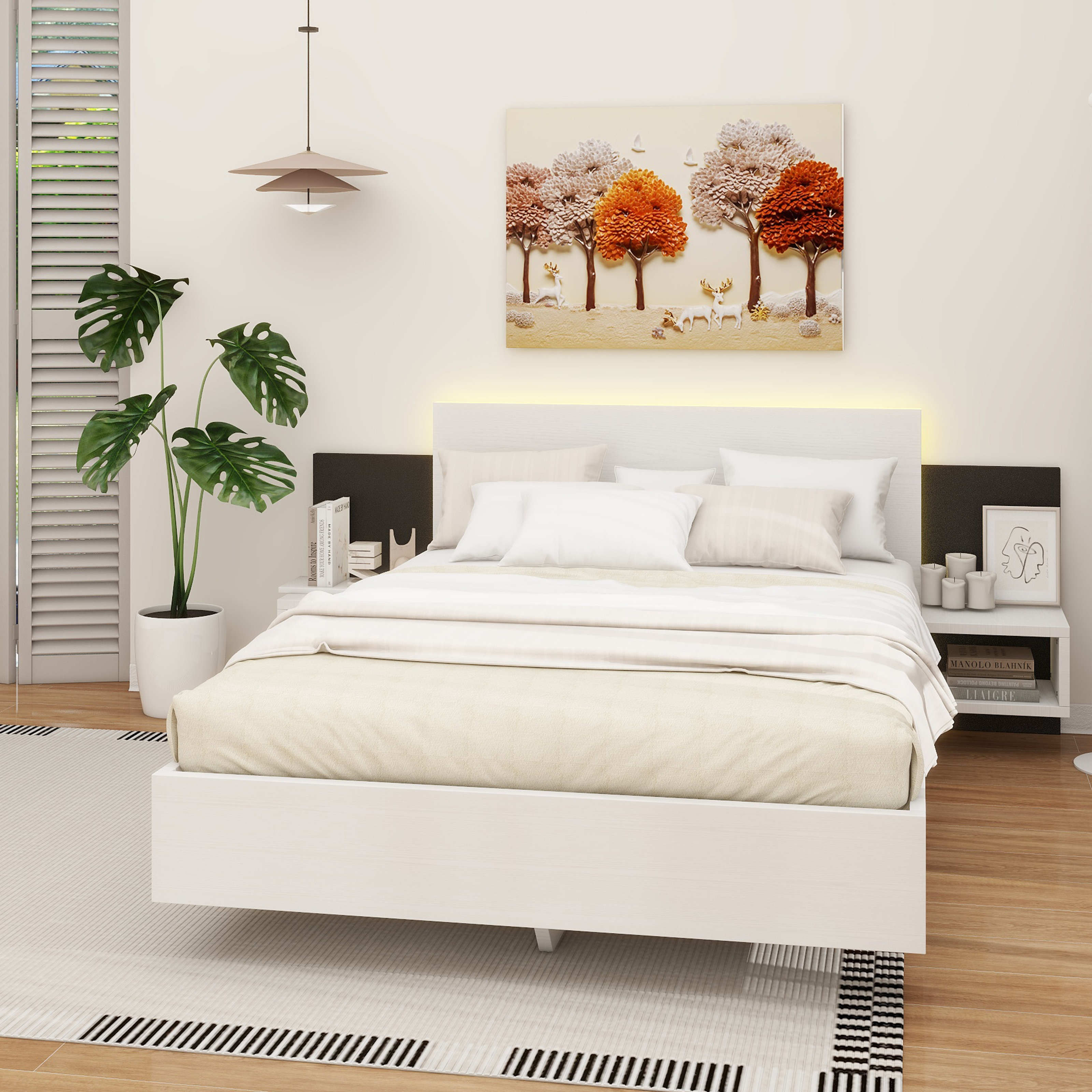 LFSLJJMY Wooden Floating Platform Bed, With LED Lights, Bedside ...