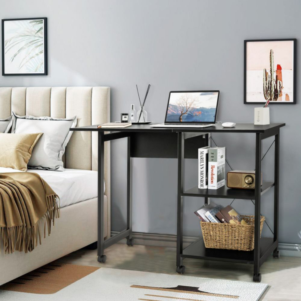 Ebern Designs Folding Writing Office Desk With Storage Shelves | Wayfair