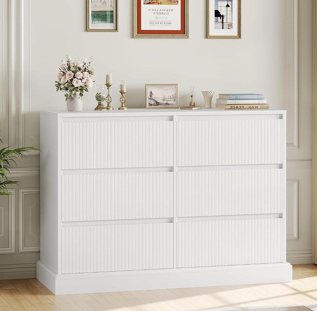 Ebern Designs White Handleless Drawers Double Dresser Chest of 6 ...