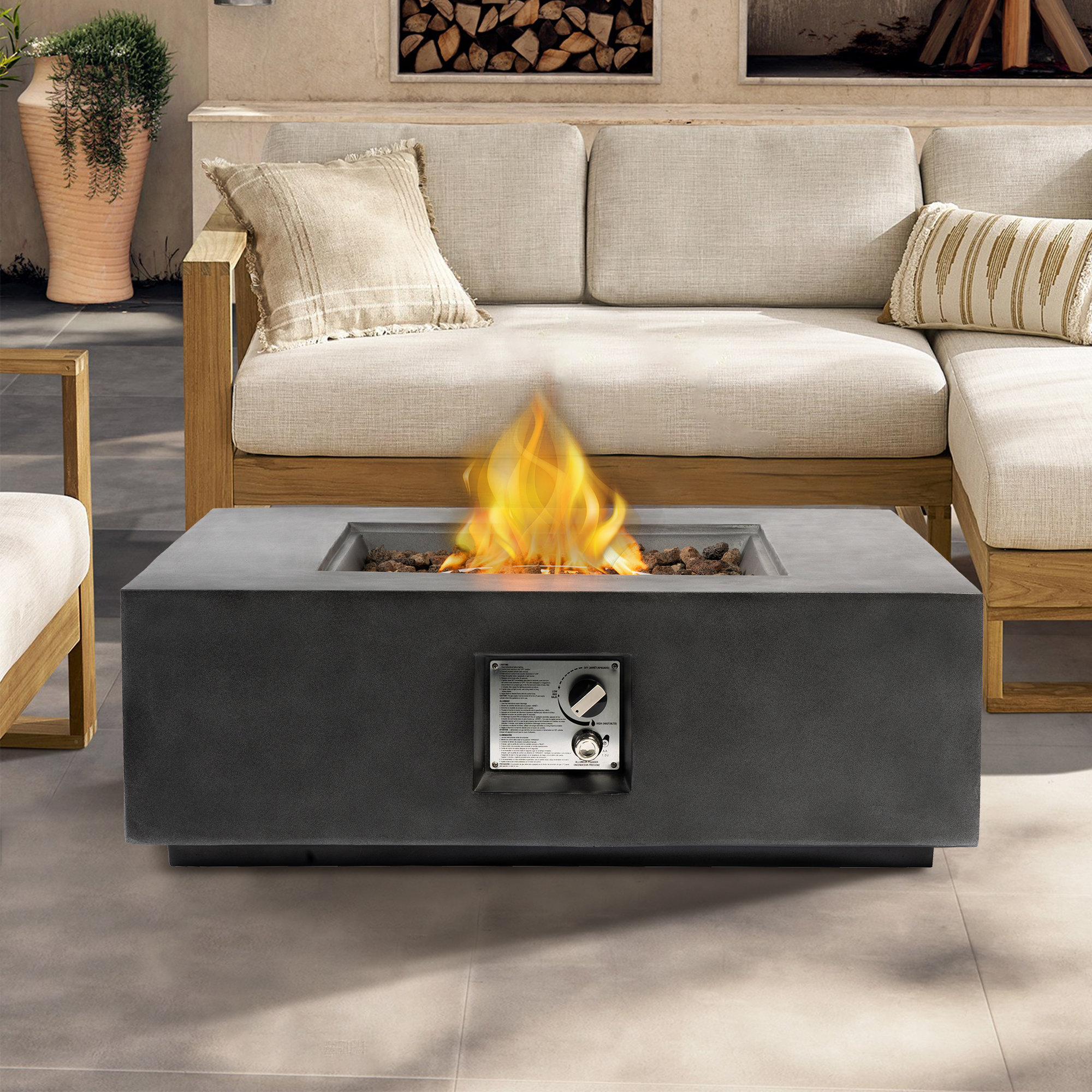 Arlmont & Co. 34.6" Concrete Propane Square Outdoor Fire Pit Table ...