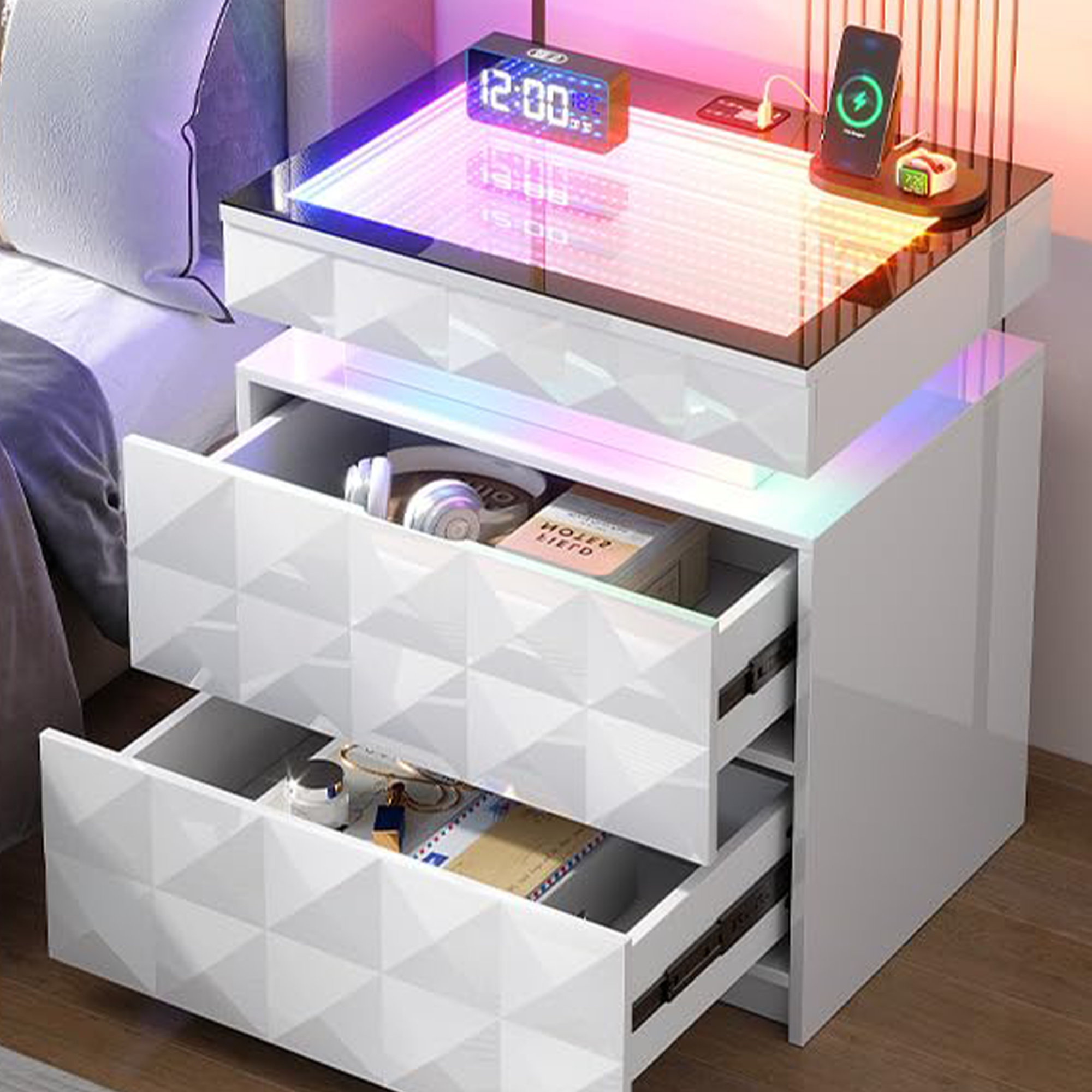 Bay Isle Home™ 20 Inch Wide Smart LED Nightstand With Charging Station ...