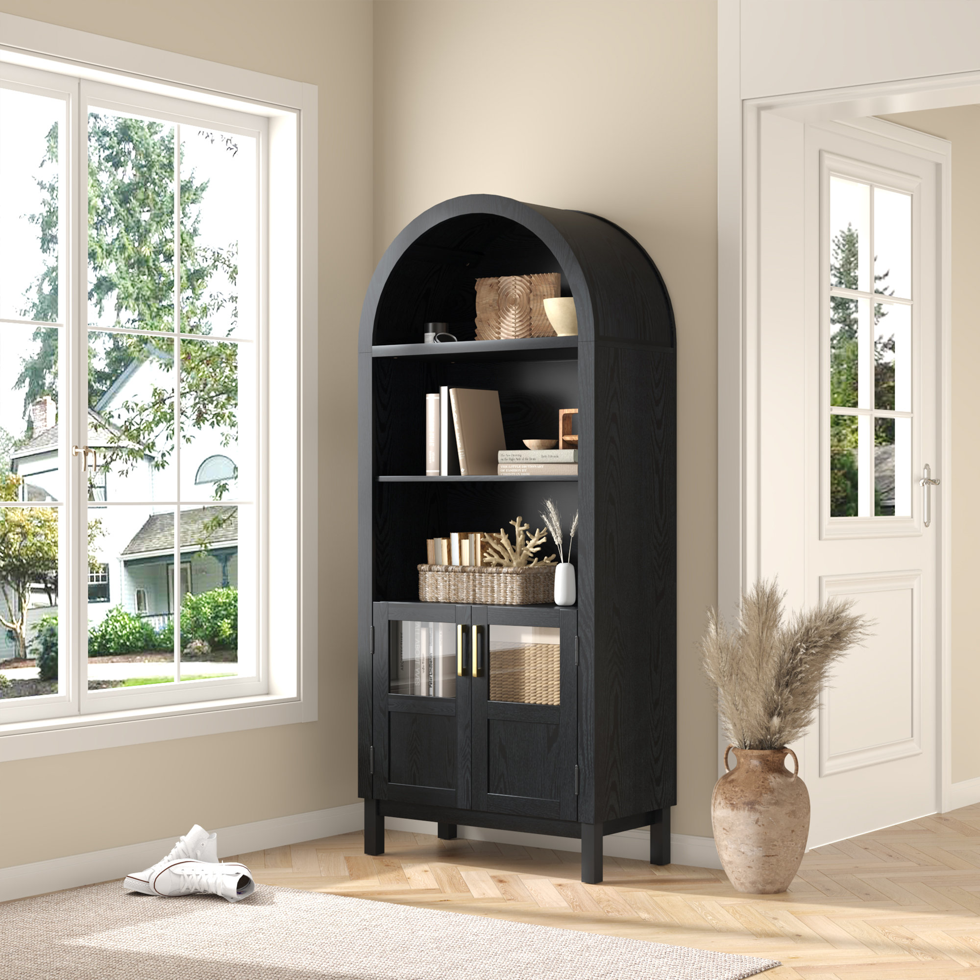 Ebern Designs 70" Tall black Arched Display Storage Cabinet With 2 ...