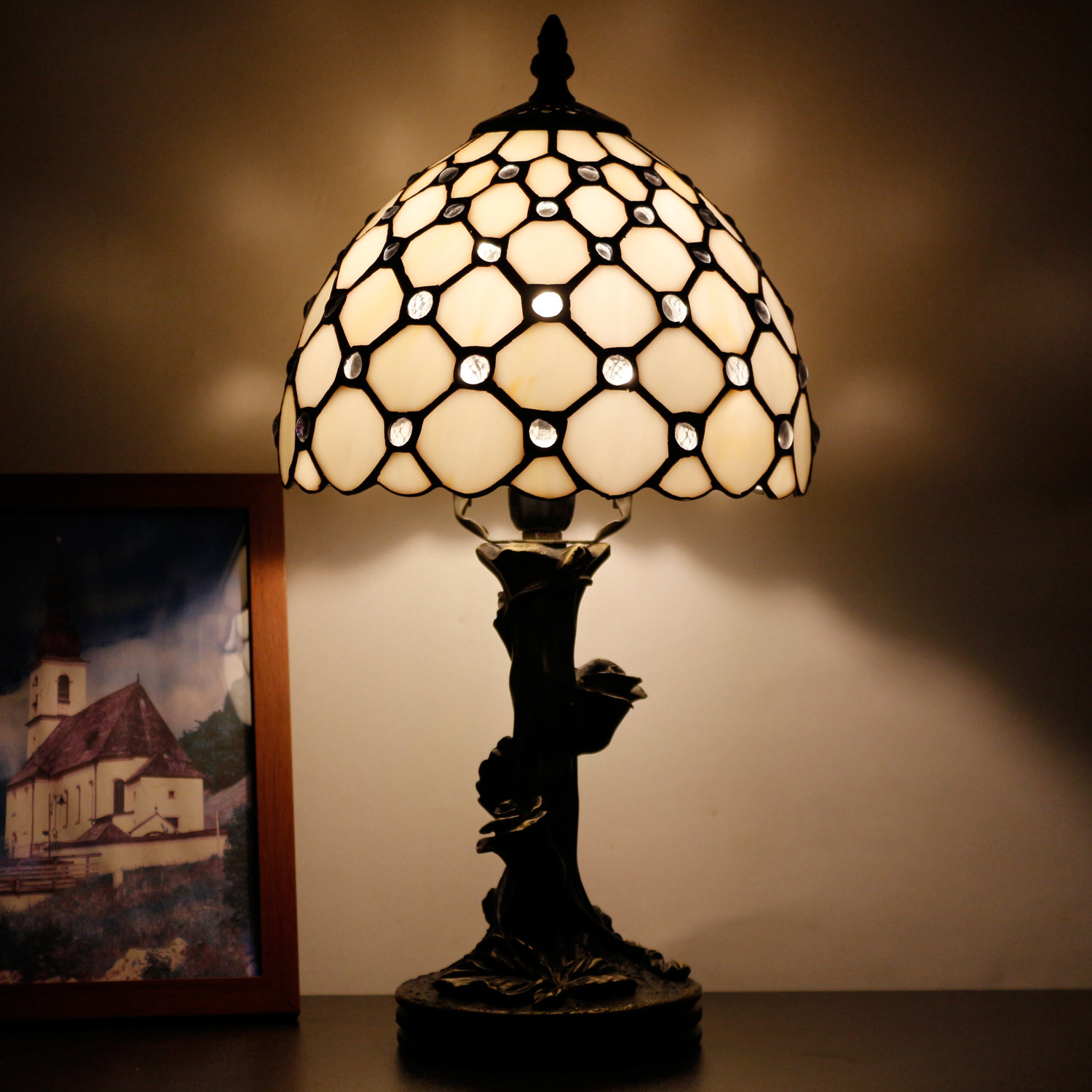 Astoria Grand Small Tiffany Lamp Stained Glass Table Lamp White Crystal ...