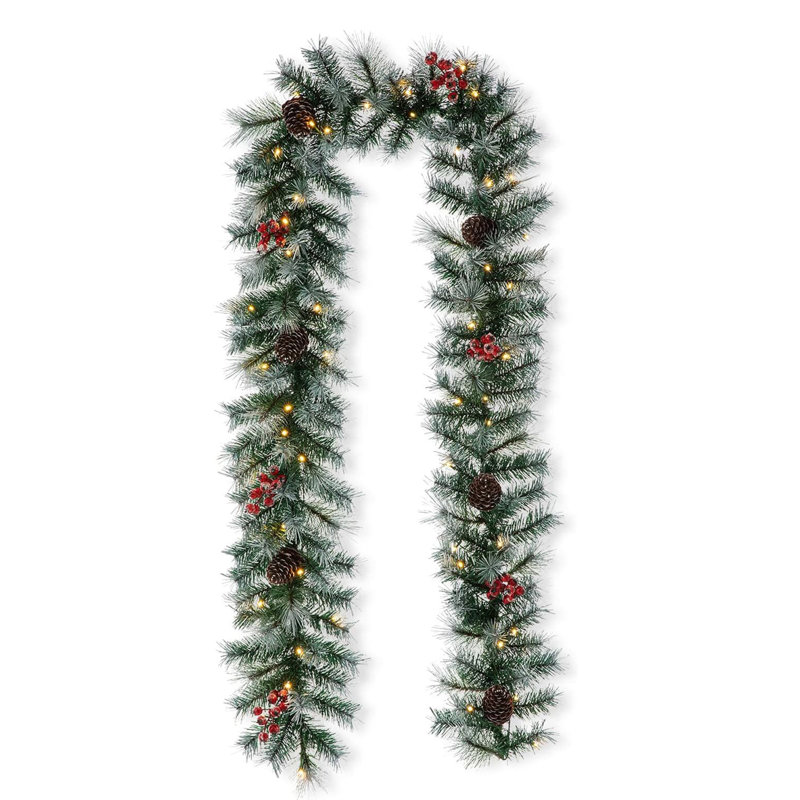 SAPESHA 9ft Pre-Lit Christmas Garland - Greenery, Pine Cones & Red ...