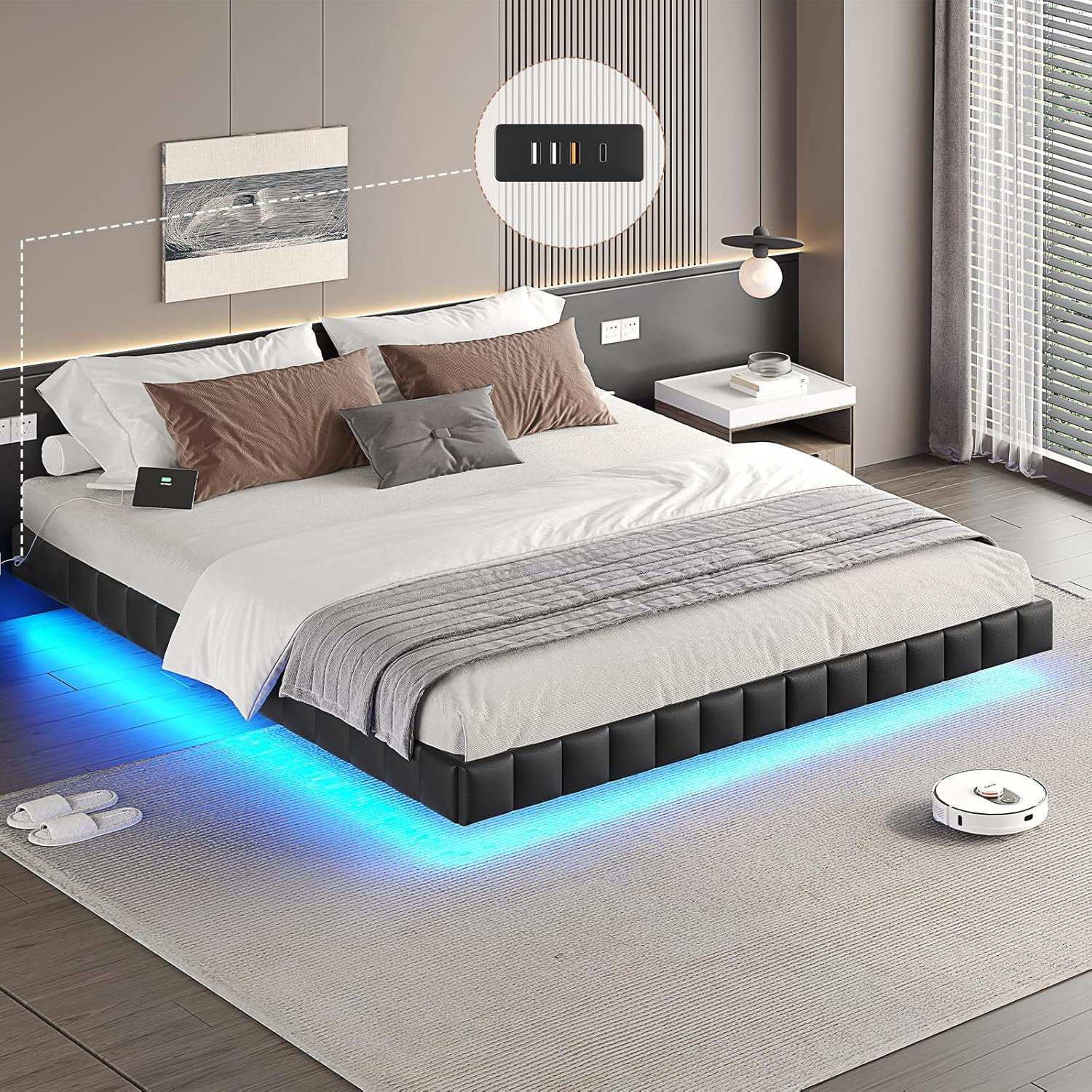 Wrought Studio Floating Bed Faux Leather Upholstered Platform Bed Frame ...