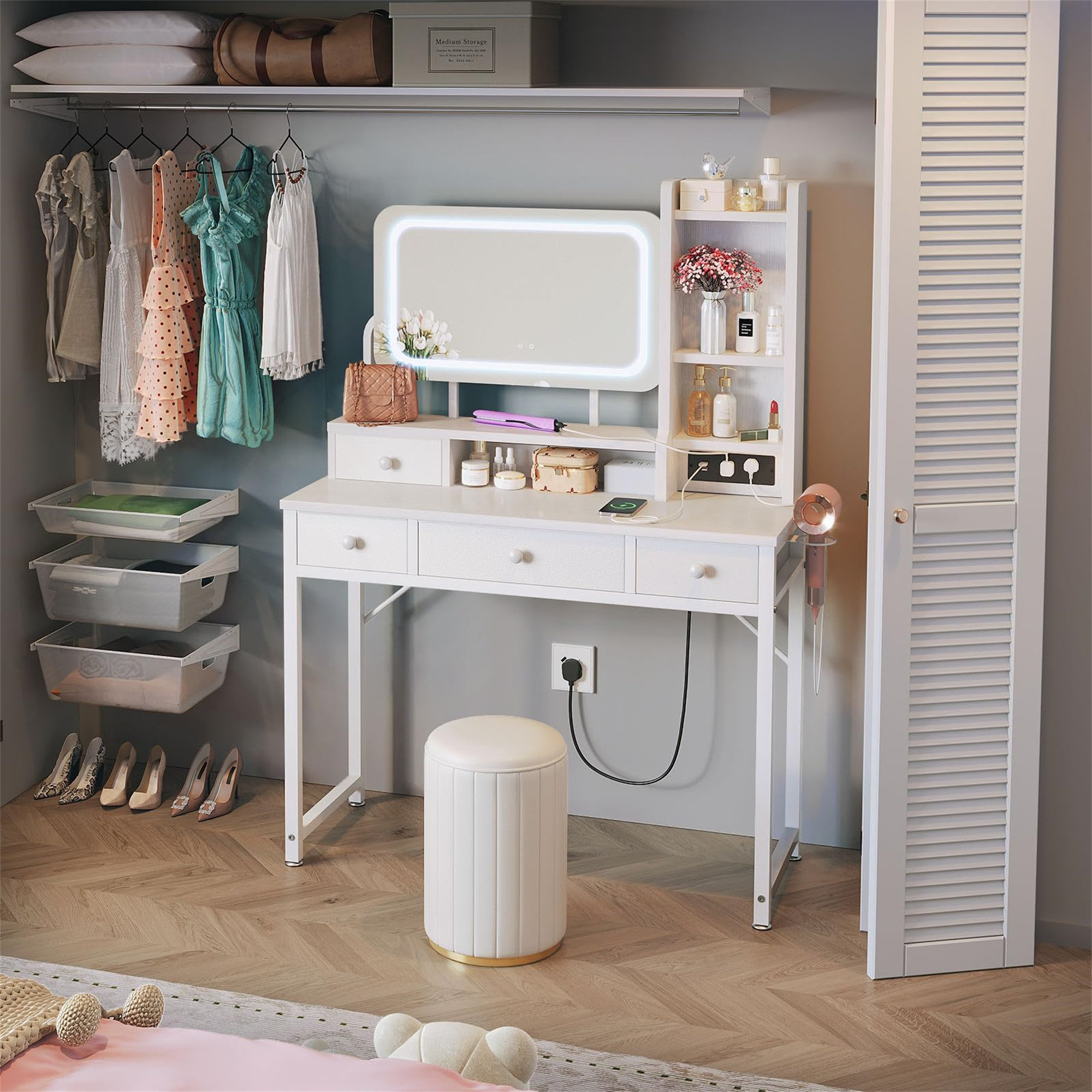 Fleur De Lis Living Dressing Table With Adjustable LED Mirror, Vanity ...