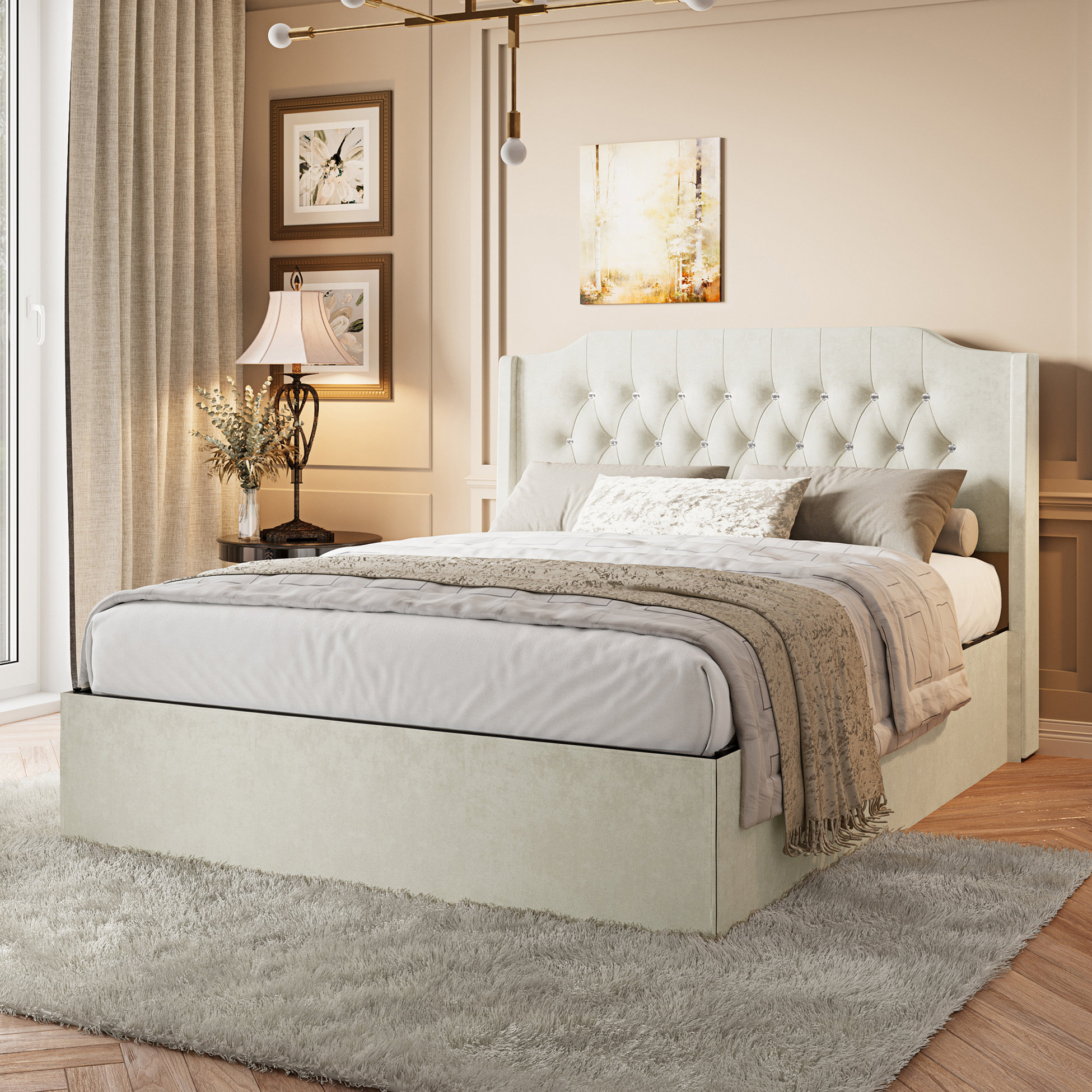 House of Hampton Queen Size Tufted Upholstered Bed Frame With Crystal ...