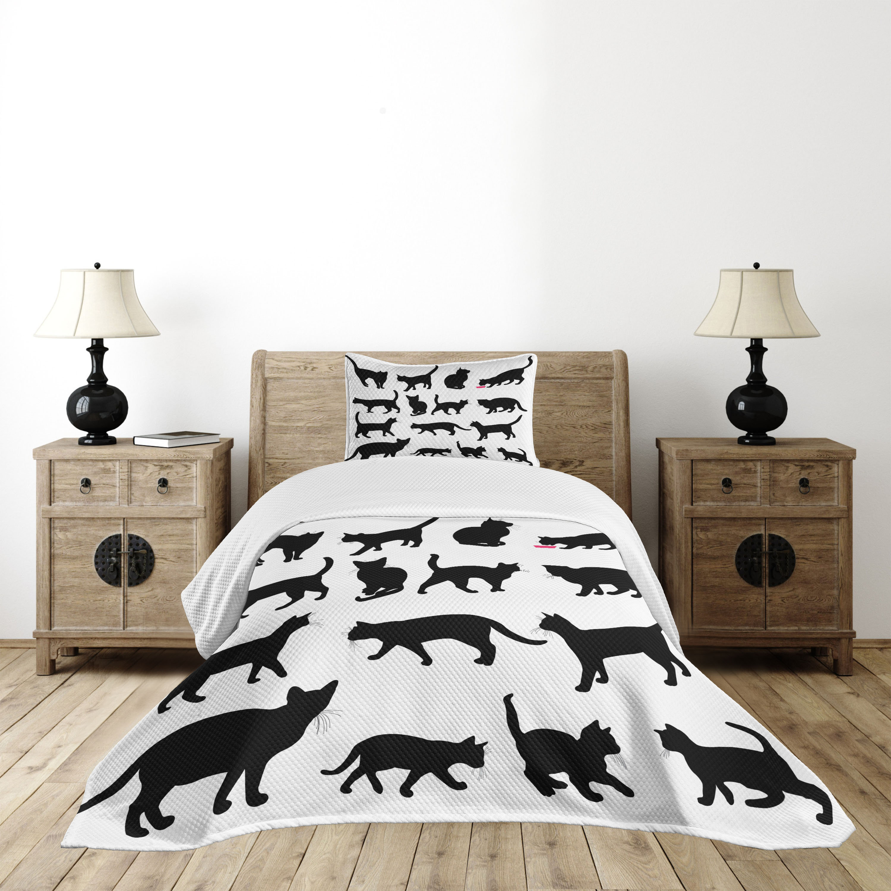 Ambesonne Cat Bedspread Black Kittens Pets Paws Black White | Wayfair