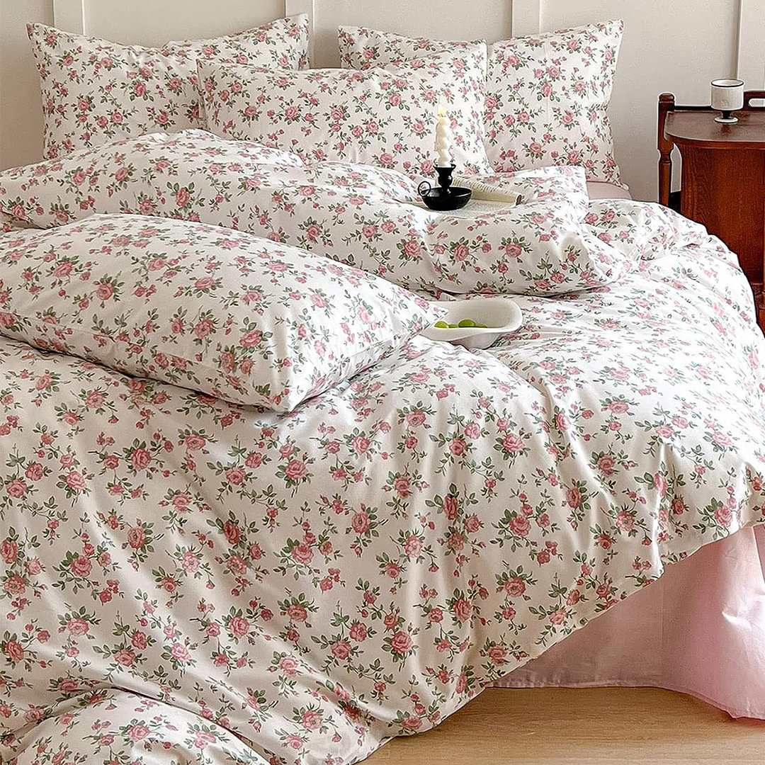 ASTER-FORM CORP Queen Floral Duvet Cover Cotton Boho Pink White Cream ...