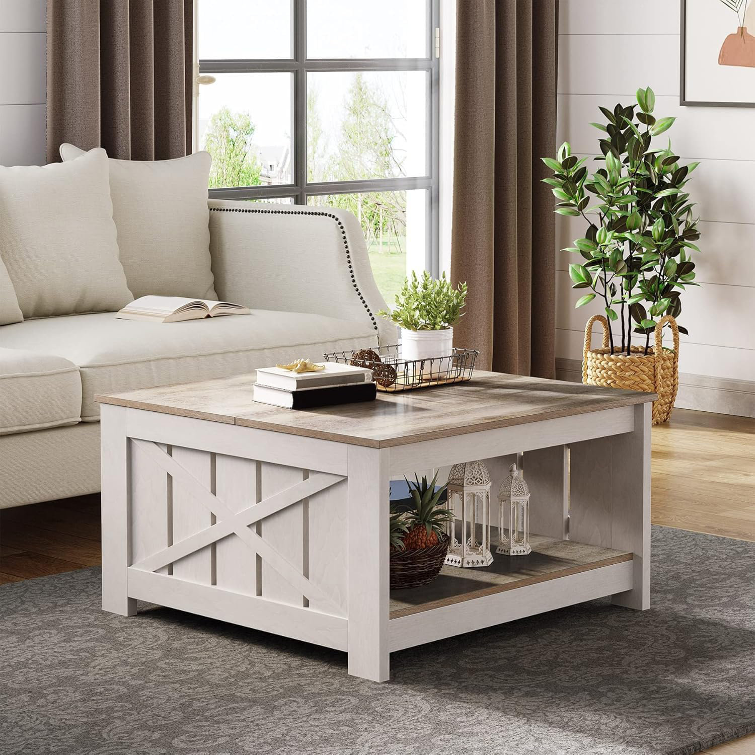 Gracie Oaks Coffee Table Farmhouse Coffee Table with Storage Rustic ...