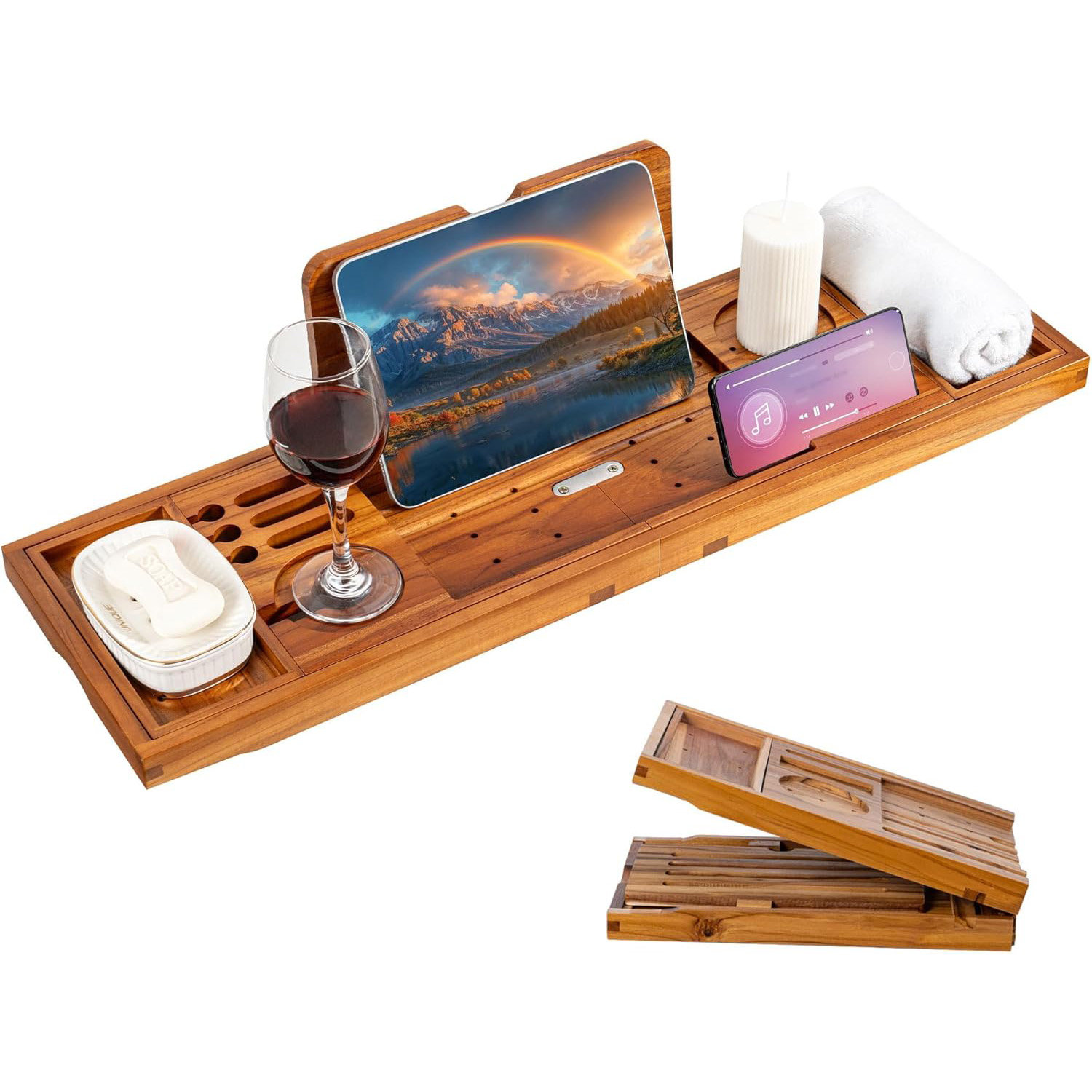 Loon Peak® Teak Bathtub Tray - Foldable Bath Caddy With Expandable ...