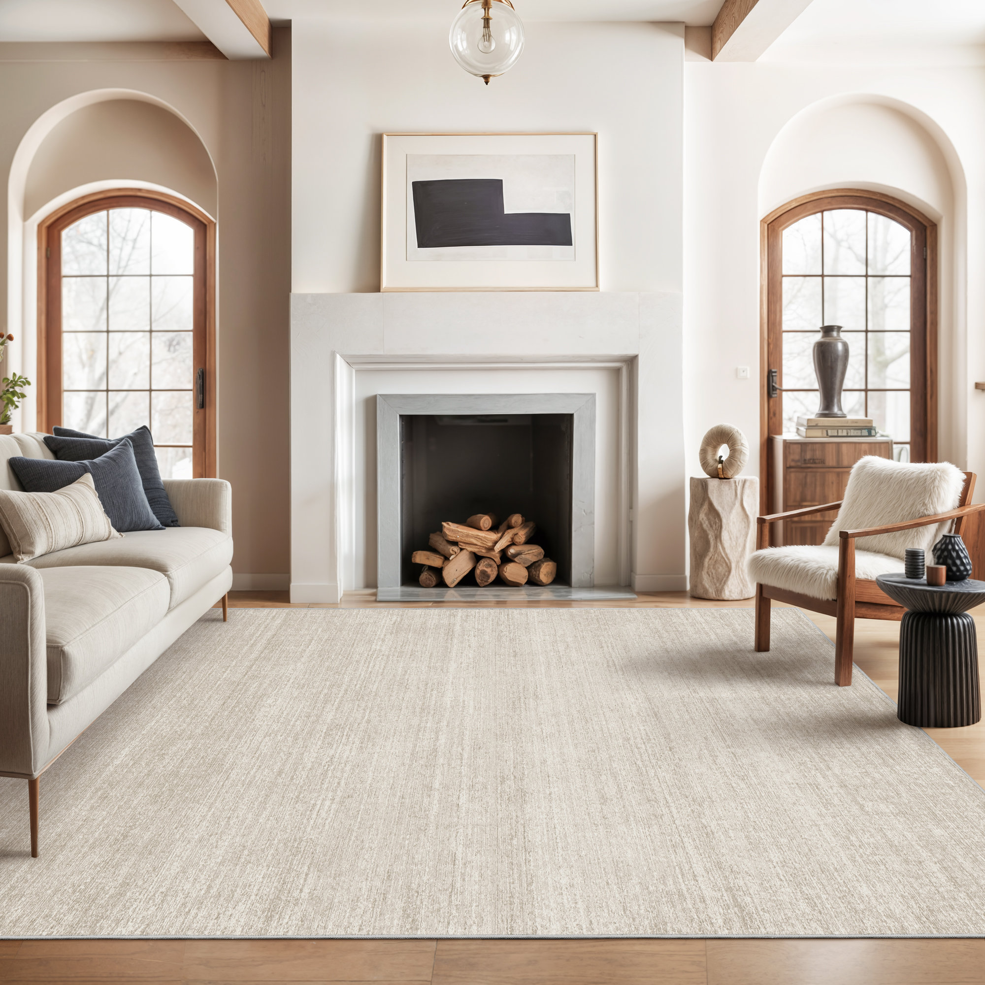 Ebern Designs Stain Resistant Striped Solid Color Washable Rug(Beige ...