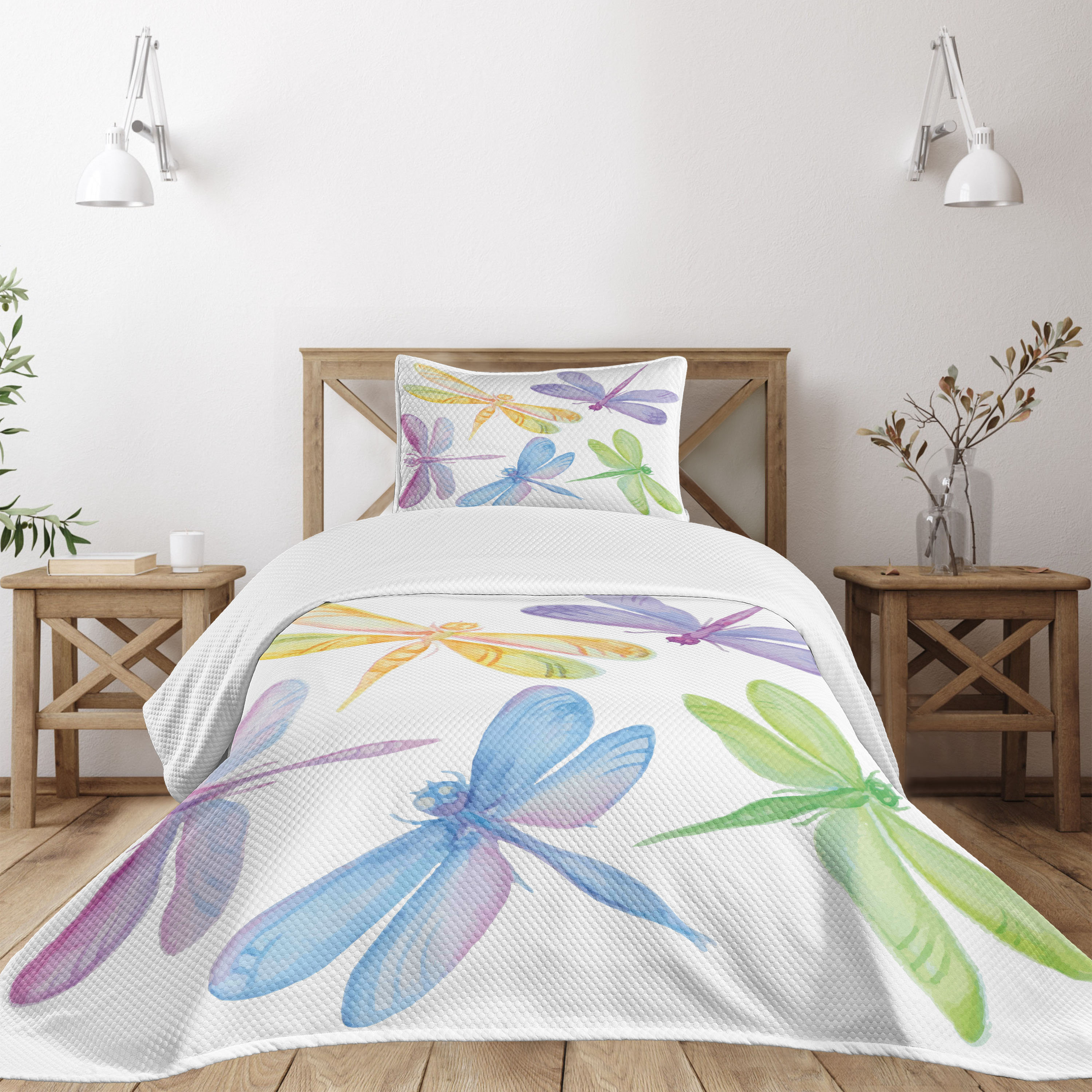 Ambesonne Dragonfly Bedspread Set Watercolor Winged Bug Multicolor ...