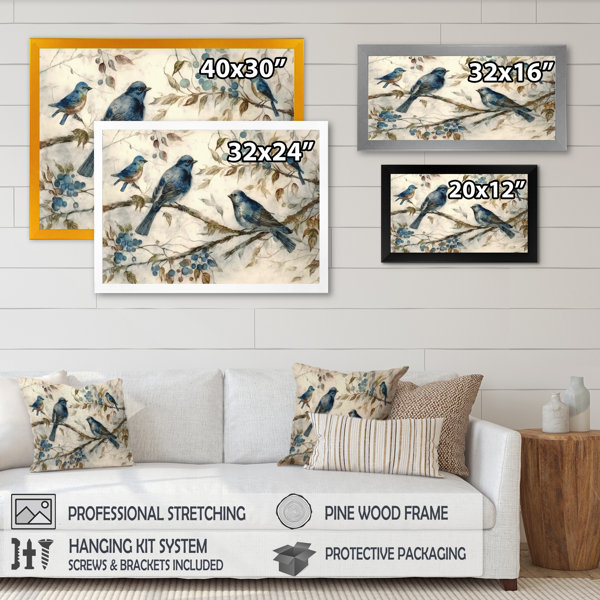 Red Barrel Studio® Four Vintage Blue Birds On A Branch IV - Bird Wall ...