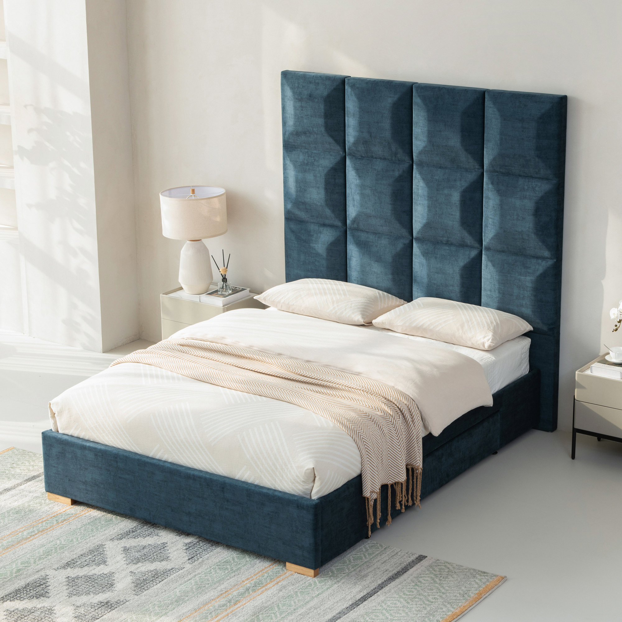 Latitude Run® Upholstered Platform Bed With Extra High Headboard And 2 ...