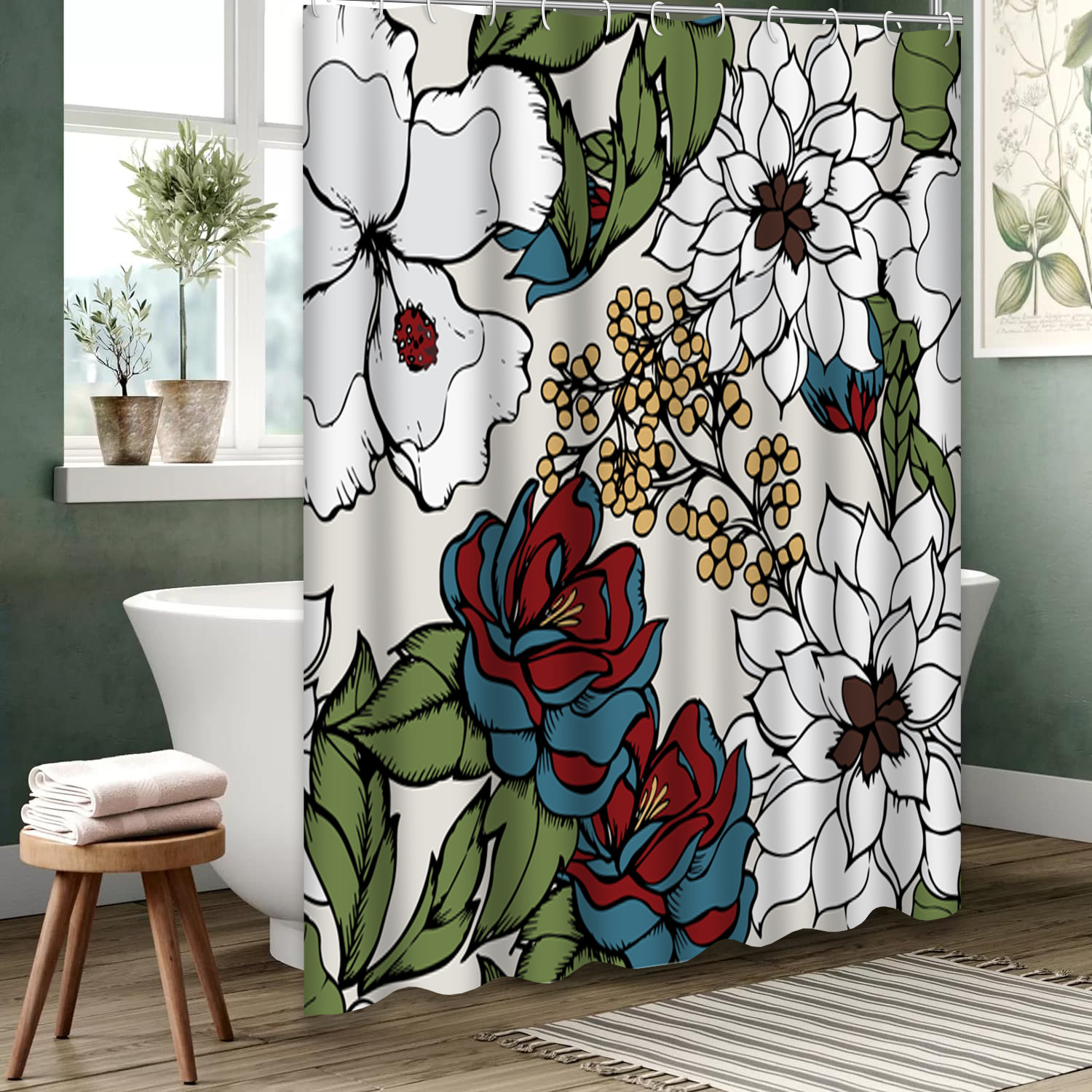 East Urban Home Jungle Green Waterproof Shower Curtain,Floral Vintage ...