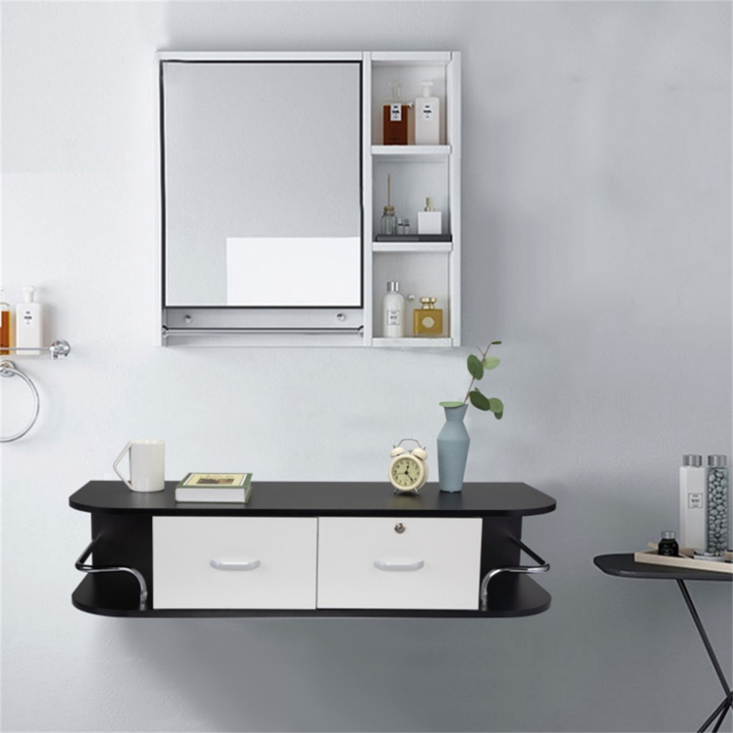 8UHNK™ Wall Mounted Barber Table, Black And White Beauty Table With ...
