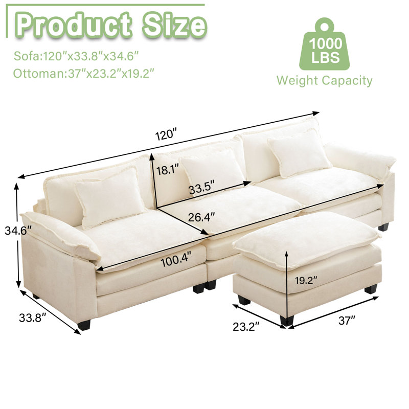 Latitude Run® 120" Sectional Sofa Comfy Cloud Couch for Living Room ...