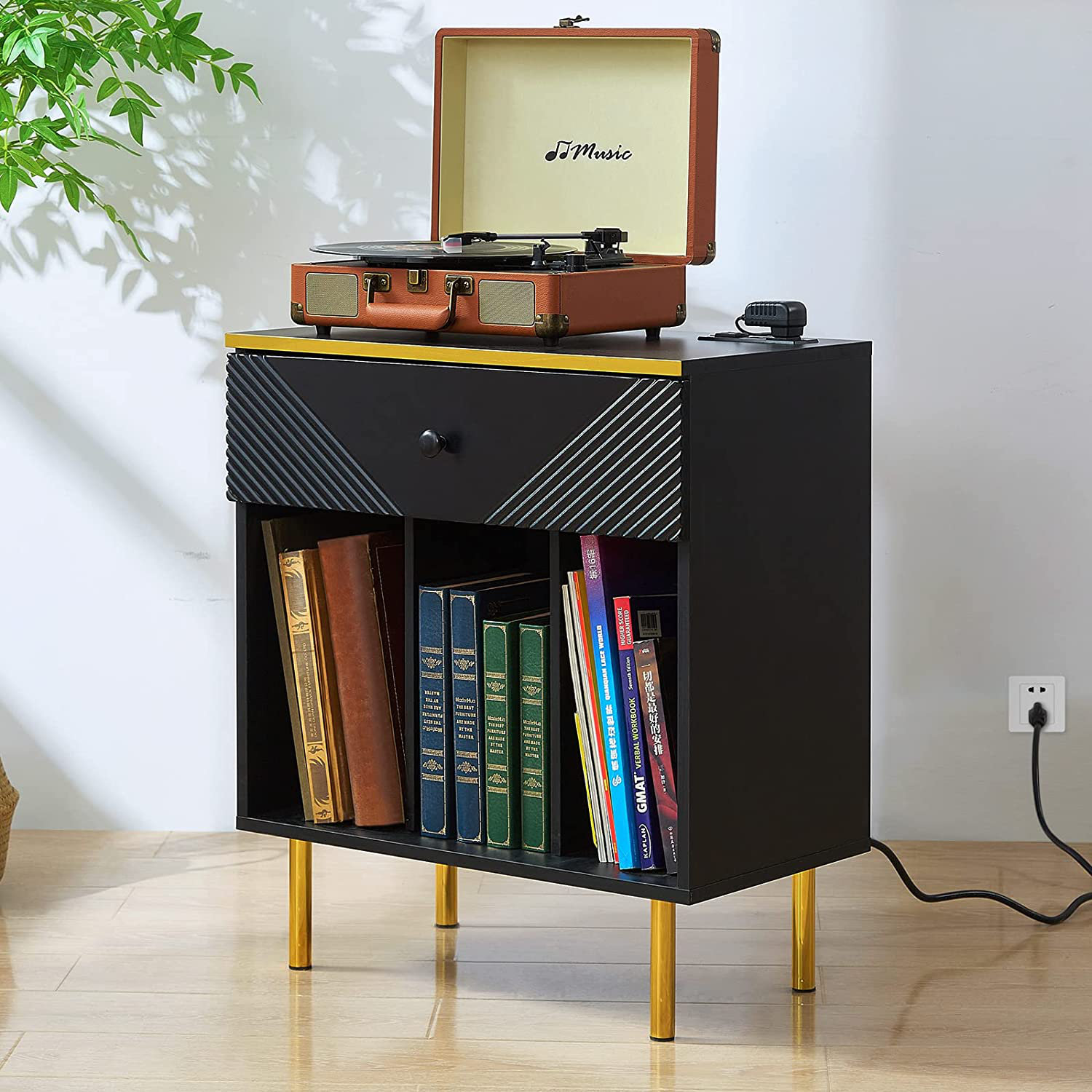 Mercer41 Koyuki Record Player Table with Charging Station and Drawers ...