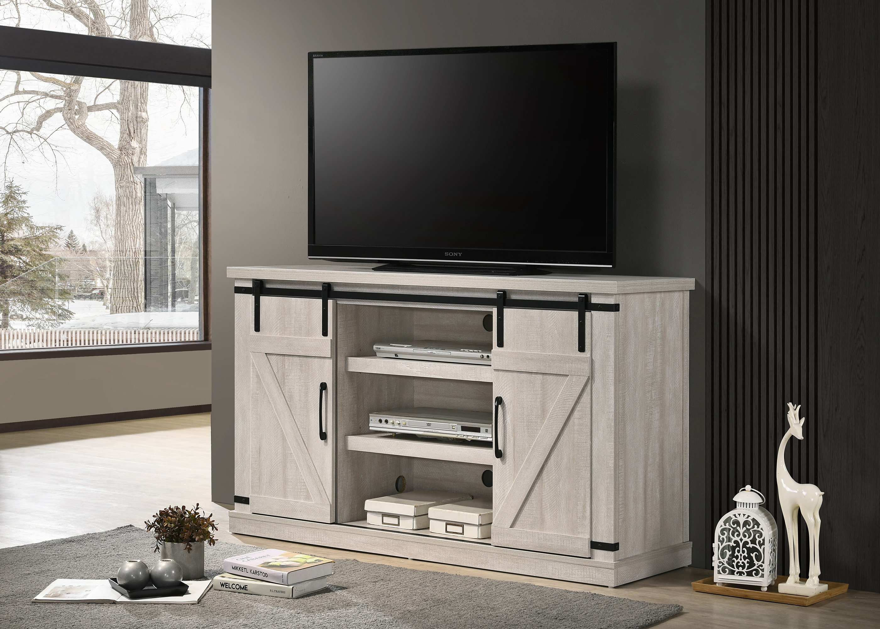 Gracie Oaks Asria Dusty Gray 54" Wide TV Stand with Sliding Doors and ...