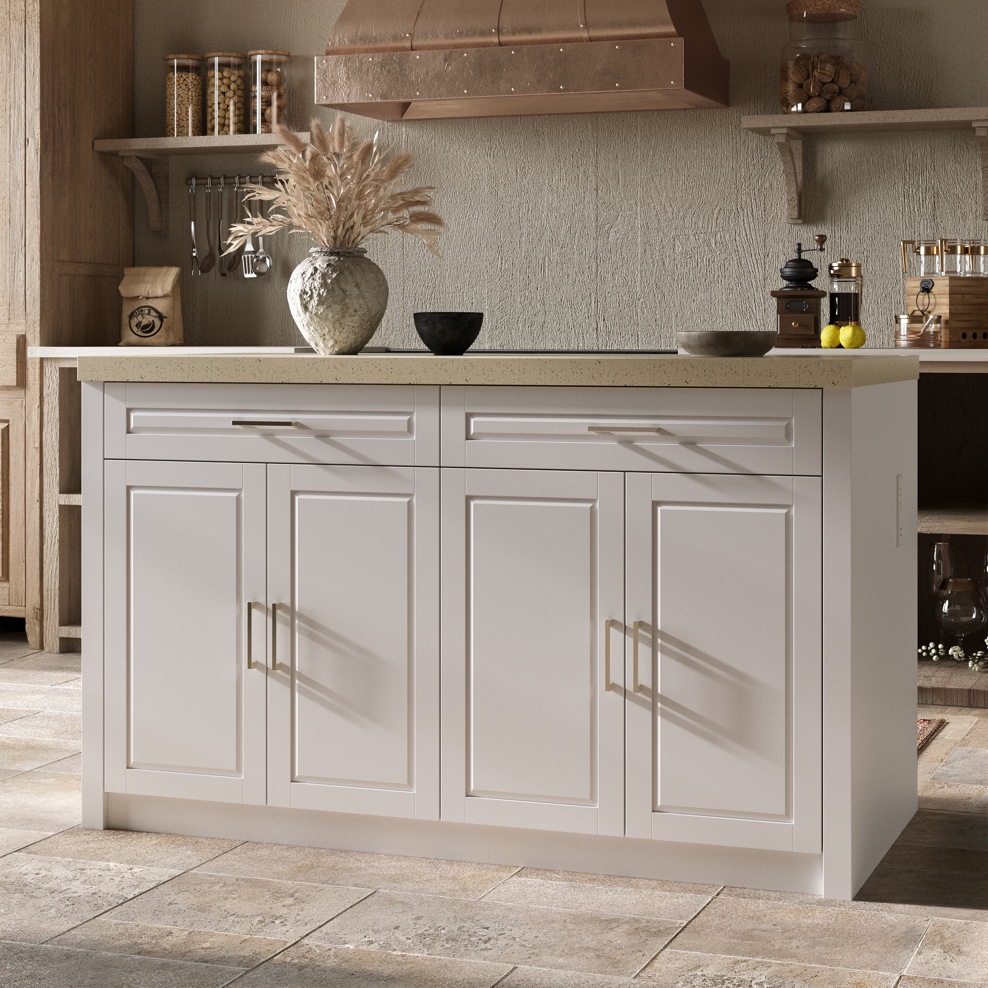 Latitude Run® Modern 61"W Kitchen Island With Adjustable Shelves ...