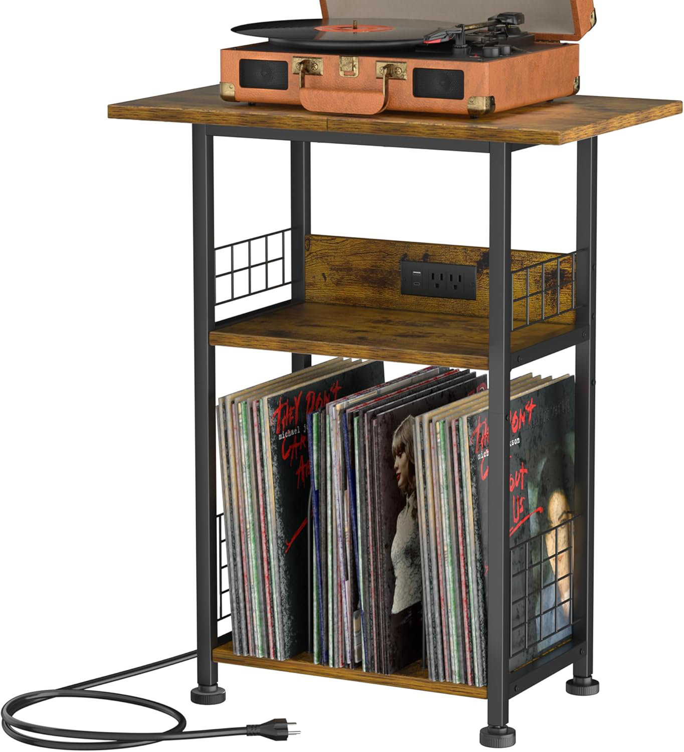 17 Stories Darrius Rustic Brown Record Player Stand With Vinyl Storage ...