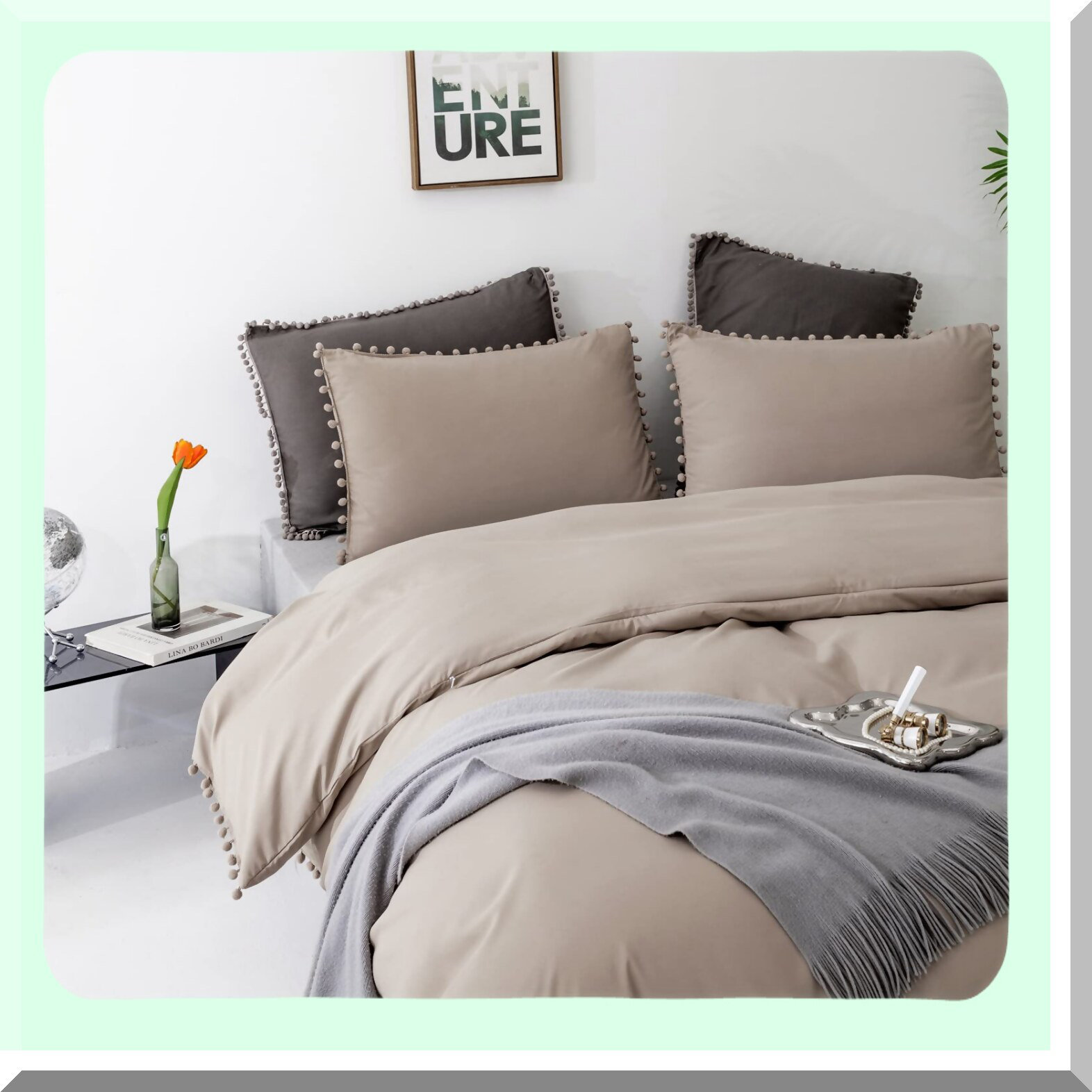 Dakota Fields Boho Farmhouse Pom Pom Comforter Set - Soft Taupe Bedding Set with Oatmeal ...