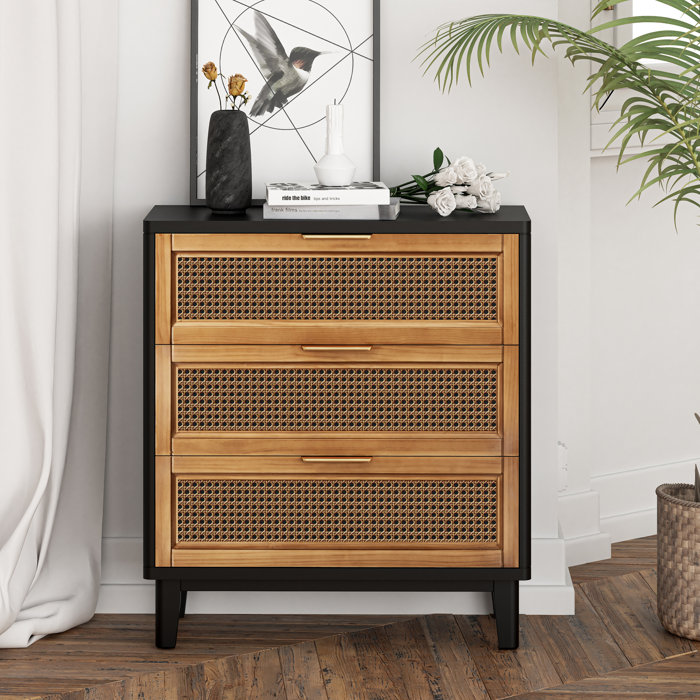 Bay Isle Home Aril 3-Drawer Woven Cane Front Accent Chest, Mid Century ...