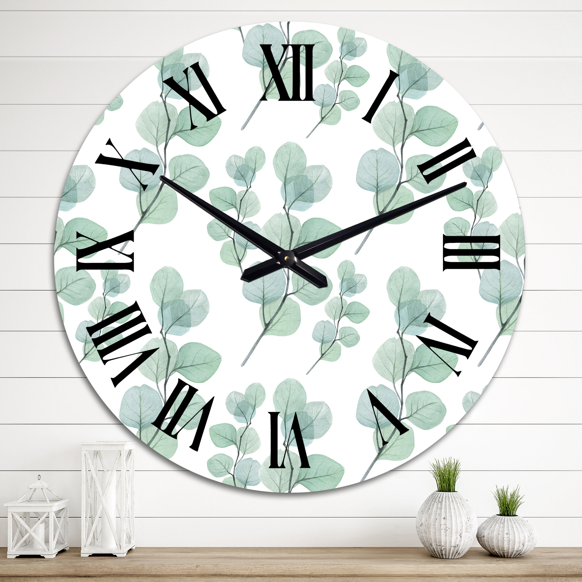 East Urban Home Eucalyptus Branches on White IV - Patterned Wall Clock ...
