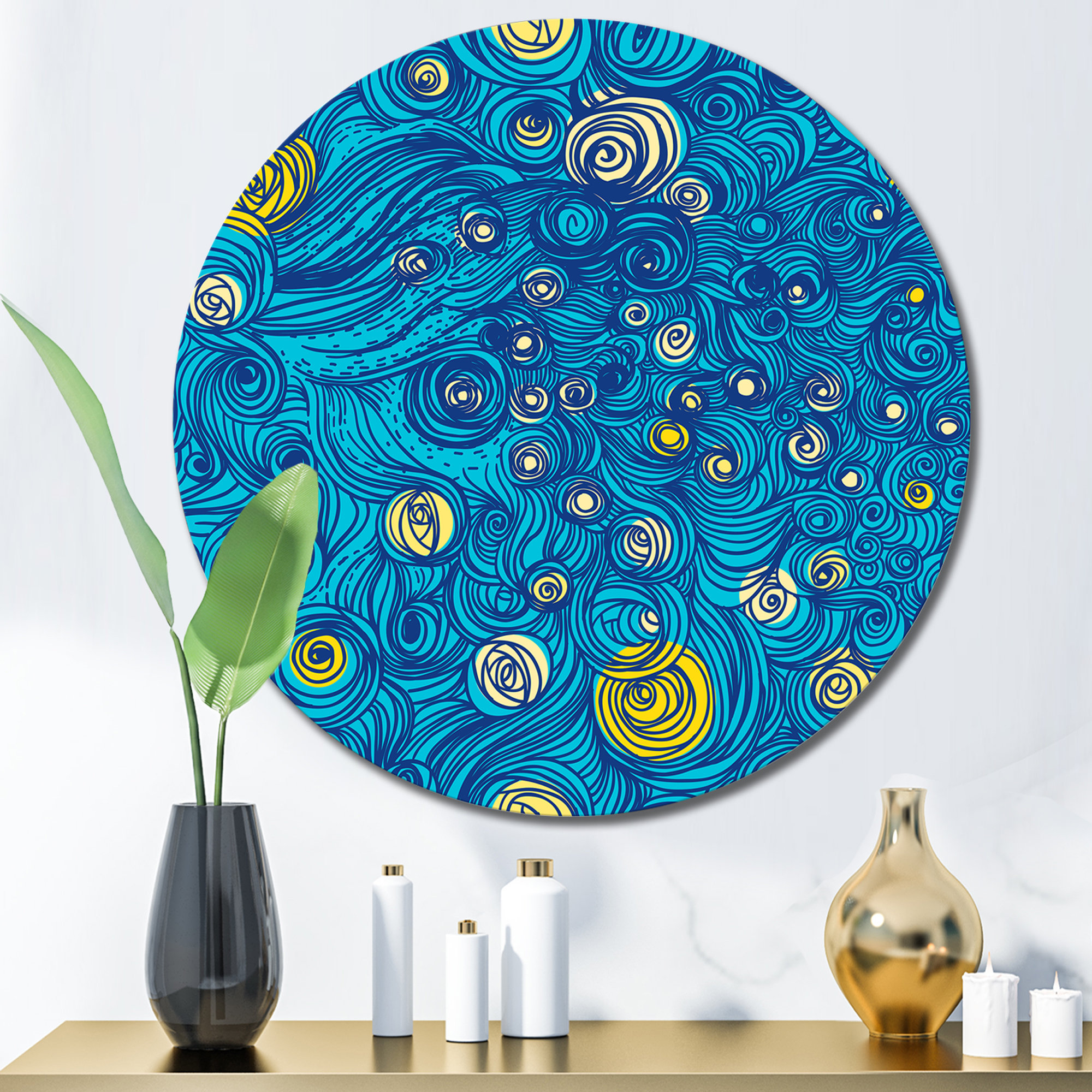 Orren Ellis Starry Night Yellow And Blue - Modern Metal Circle Wall Art ...