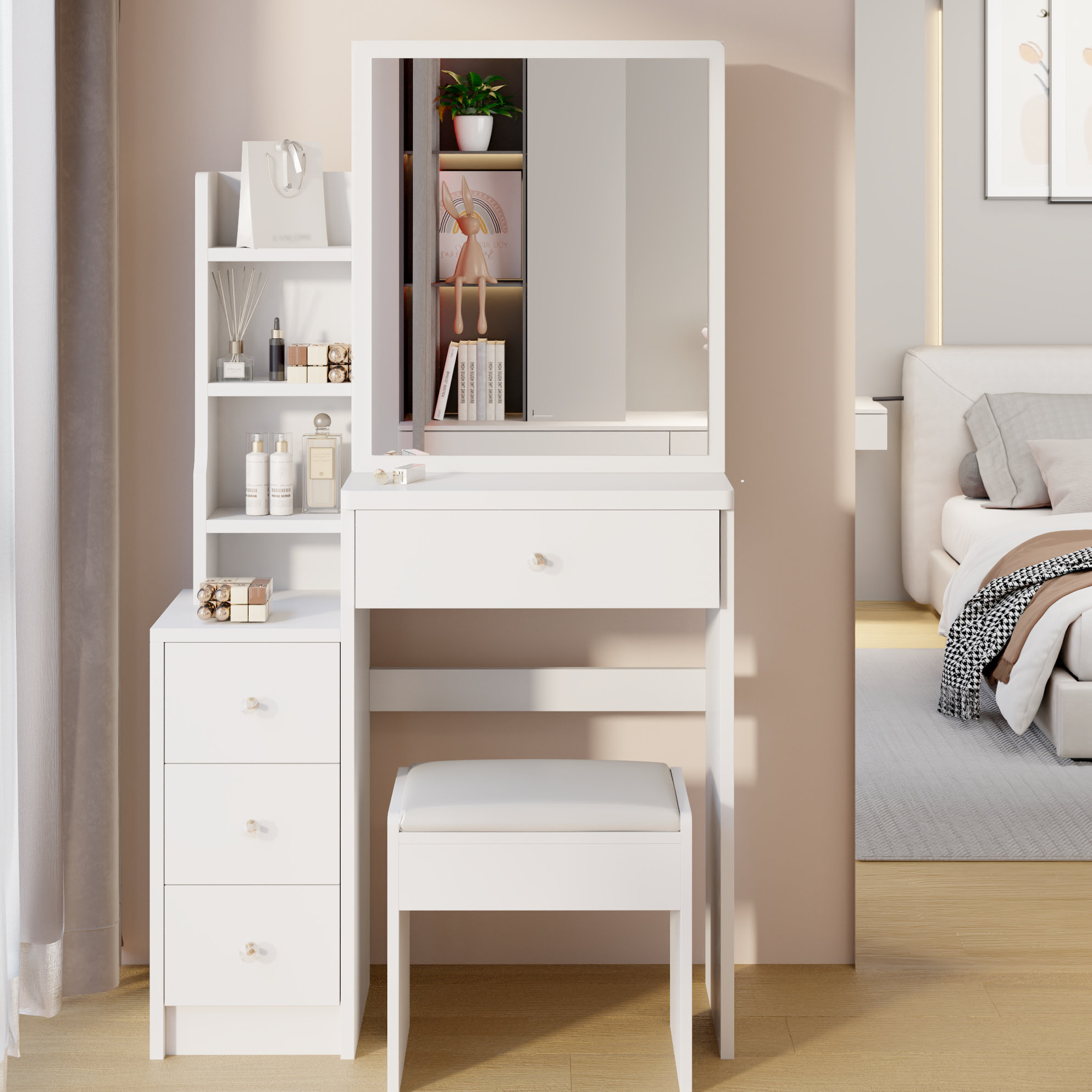 Wrought Studio™ Large Storage Capacity Vanity Table With Cushioned ...