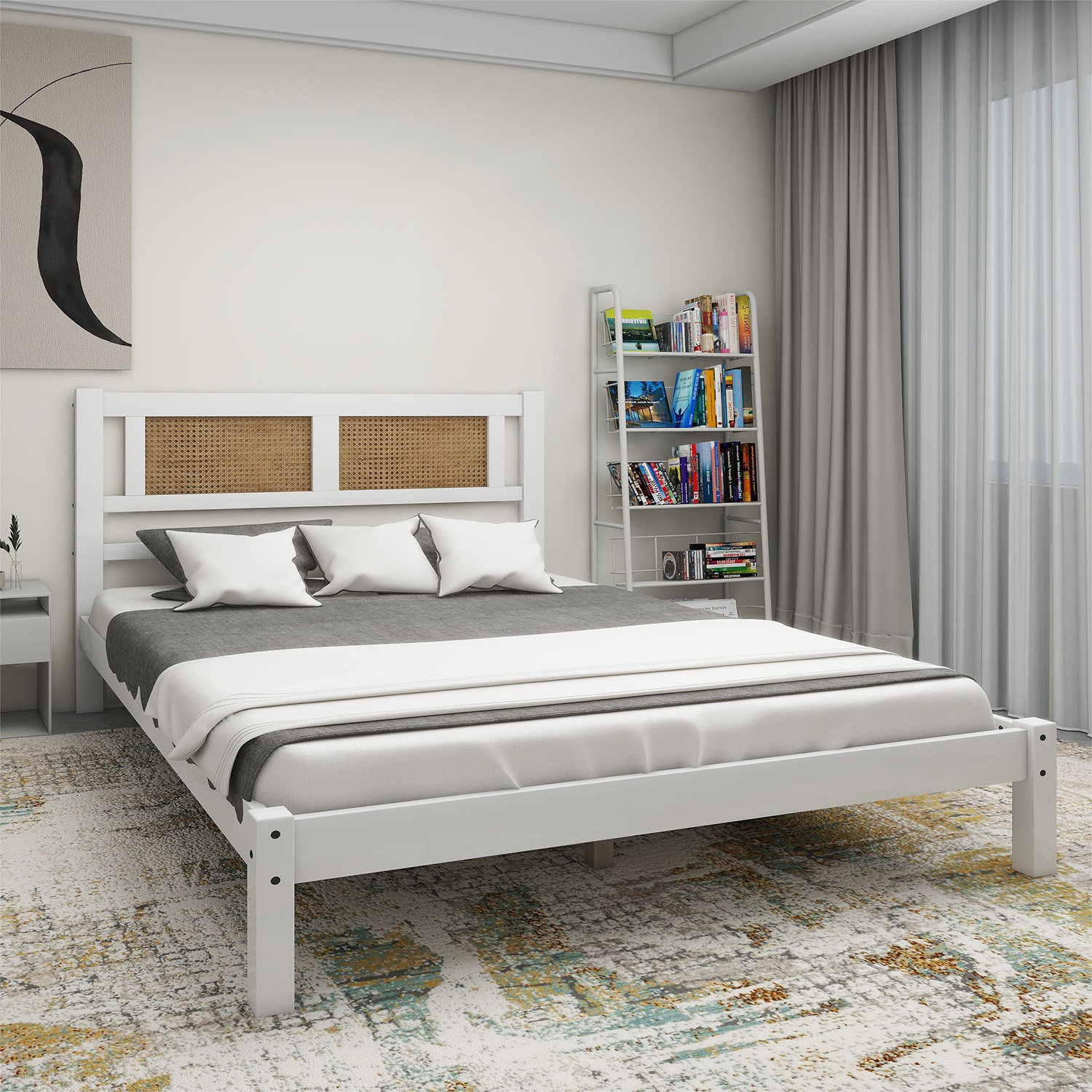 Bay Isle Home™ White Large Solid Wood Platform Bed With Natural Rattan ...