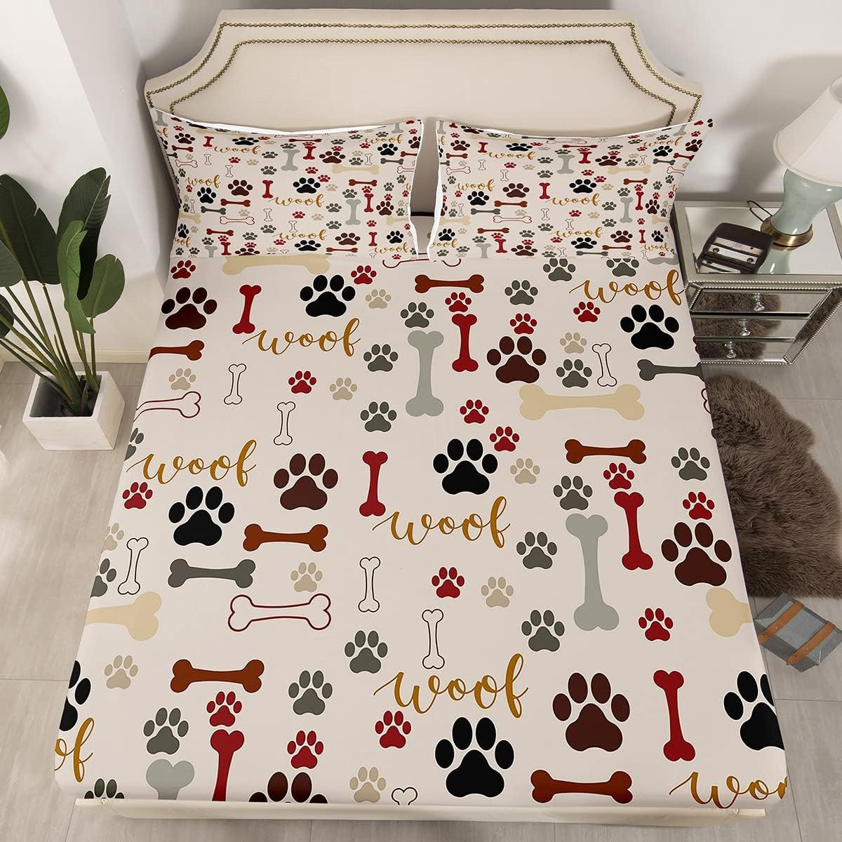 GLETED Dog Paw Print Sheet Set Twin,Bone Pattern Bedding Set For Kids ...