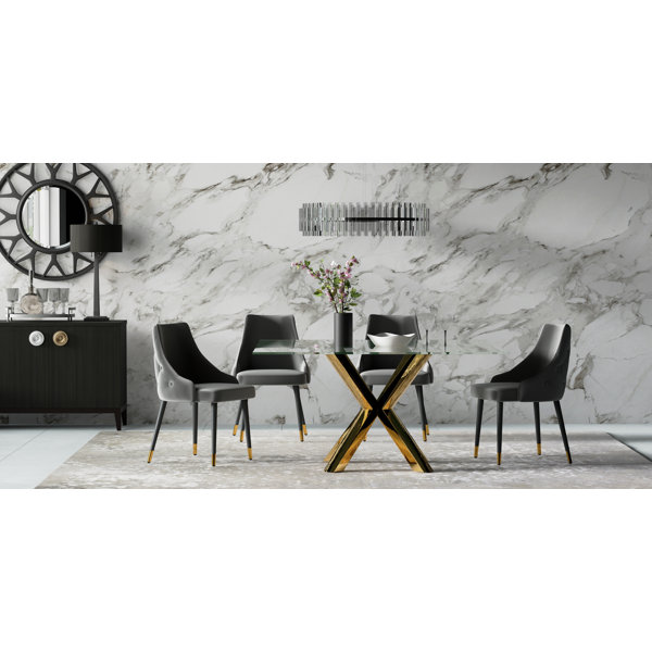 Everly Quinn 7 Pieces Gold Base Glass Dining Table Set | Wayfair