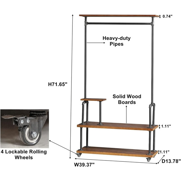 Williston Forge Camila Industrial Solid Wood Clothing Racks, Pipe Style ...
