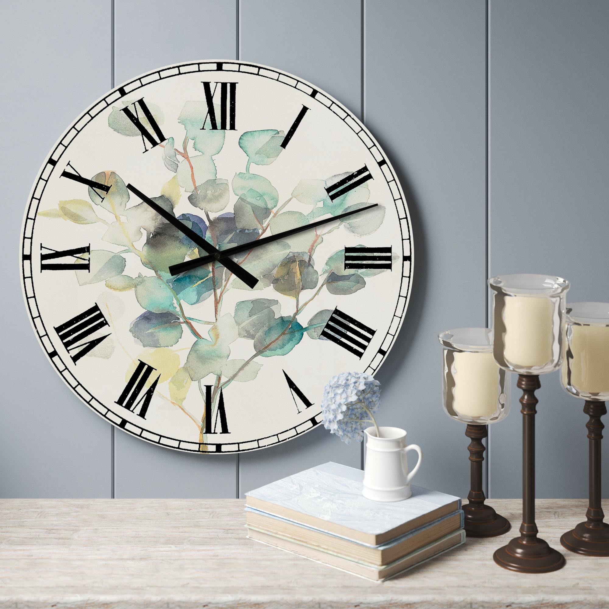 Lark Manor™ Eucalyptus leaves I - Traditional wall clock, Green Metal ...