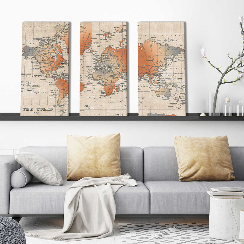 Breakwater Bay "World Map" 3 Piece Print On Canvas | Wayfair