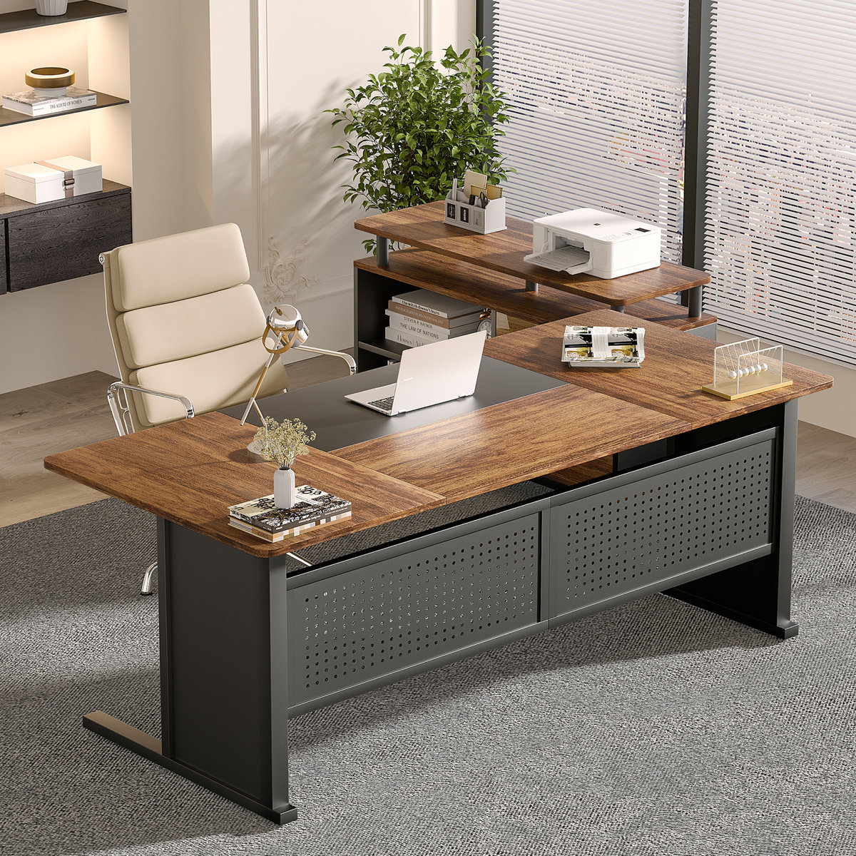 17 Stories 63" Executive Office Desk Drawer Cabinet,L Shaped Desk With ...