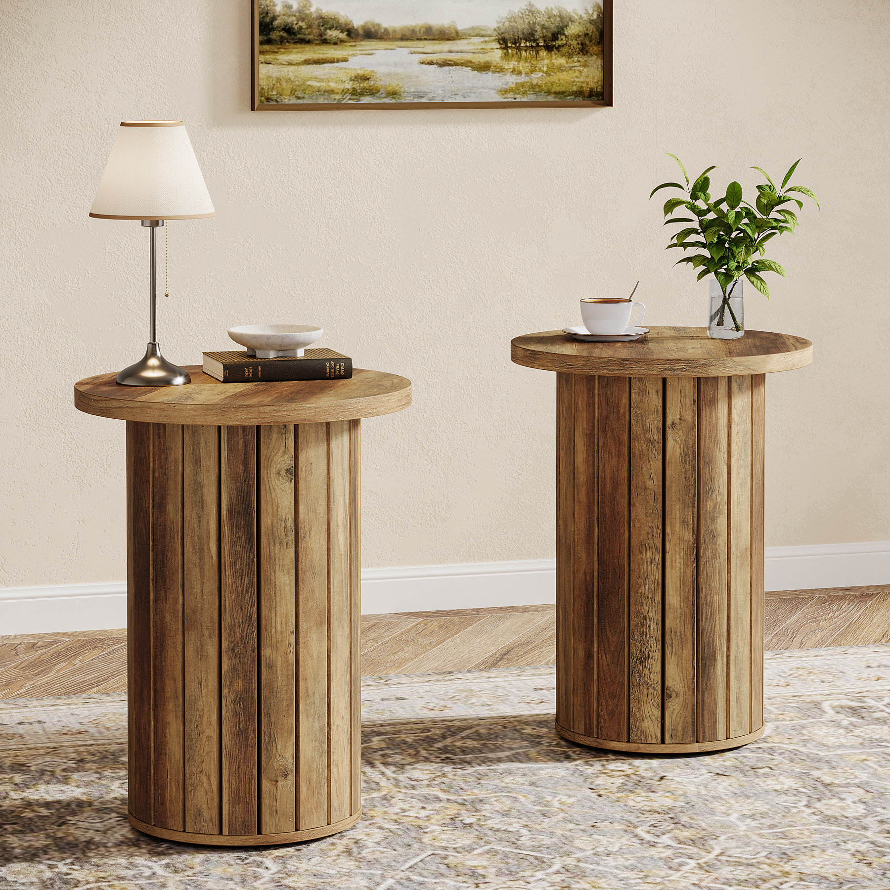 Millwood Pines Round End Table, Wood Fluted Bedside Table for Living ...