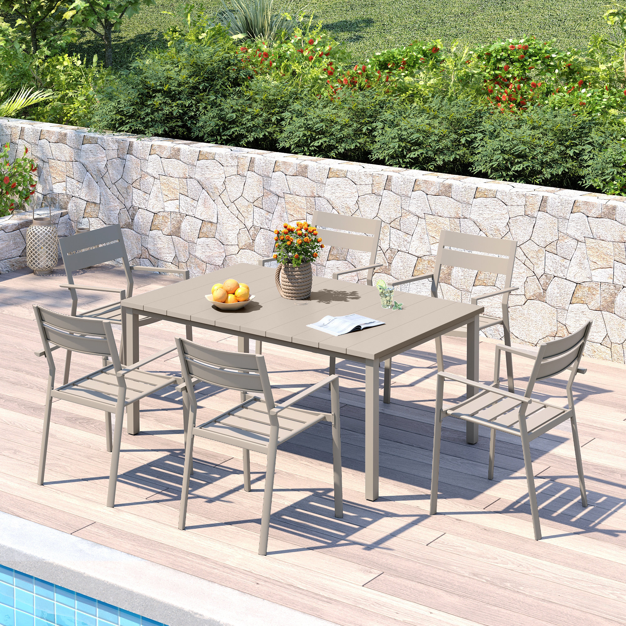 Latitude Run® Rectangular Outdoor Dining Set wth 63" Metal Dining Table ...