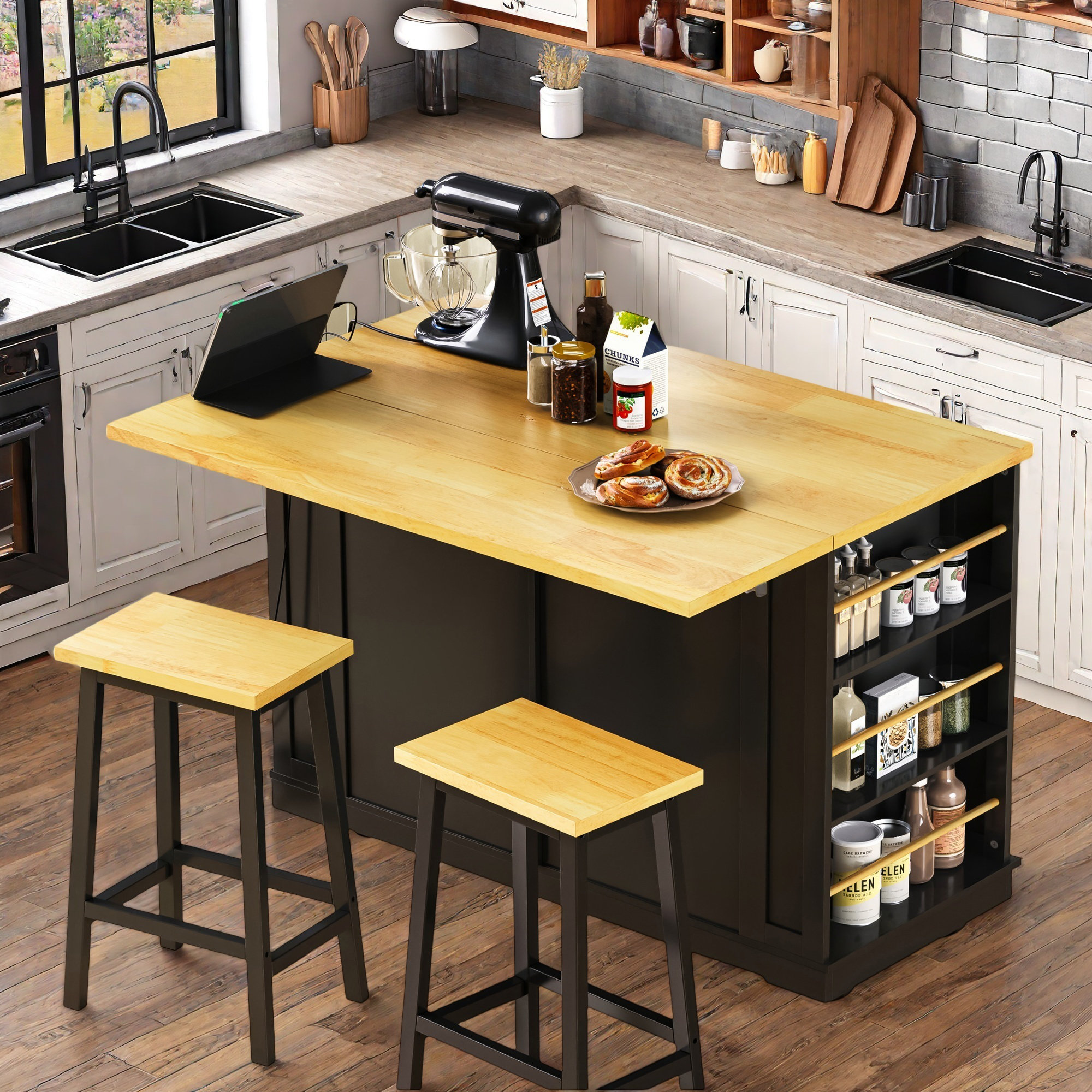 Lark Manor™ Large Rolling Kitchen Island With 2 Bar Stools, Drop Leaf ...