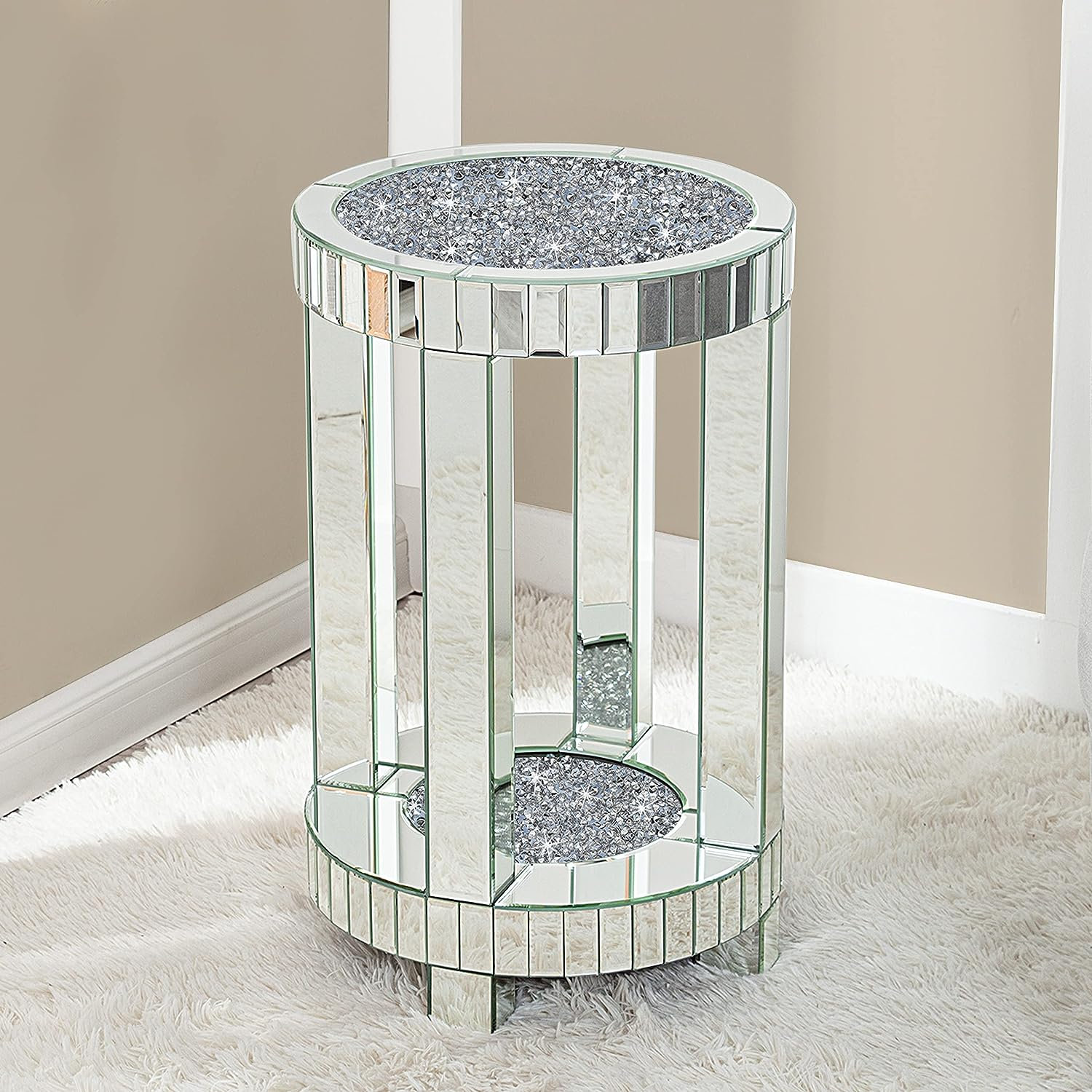 Everly Quinn Amla 22'' Tall Mirrored Round Frame End Table with Storage ...