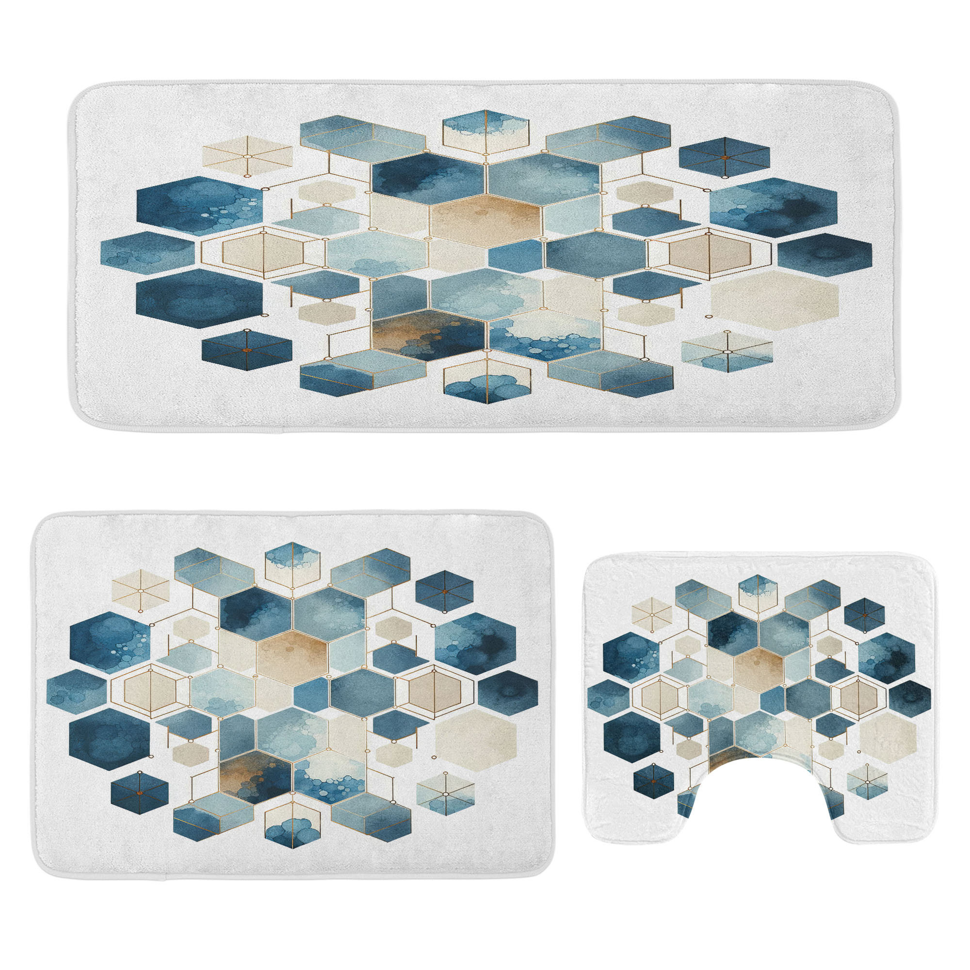 East Urban Home Blue Bathroom Rug Set 3 Pieces U-Shape & Rectangle Mats ...