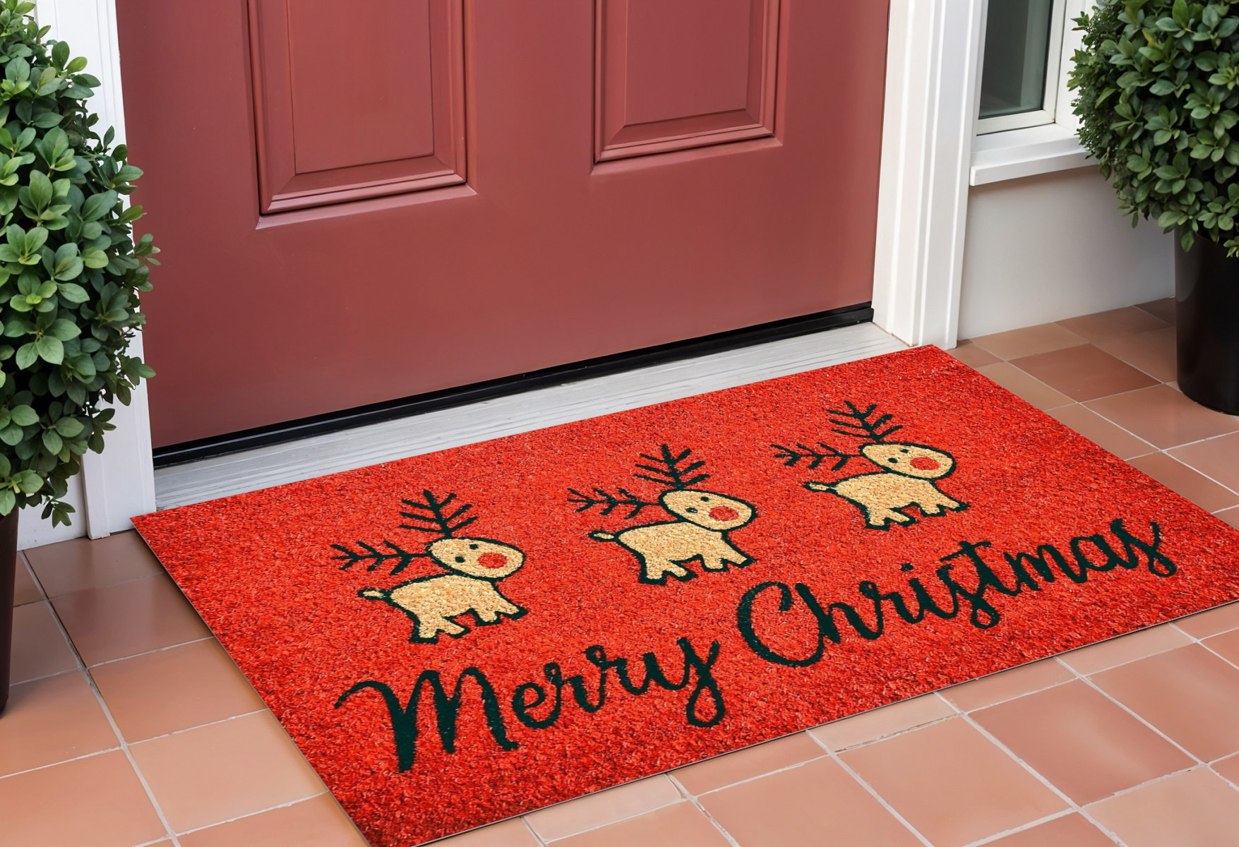 The Holiday Aisle® 17" X 29" Red And Black Coir Reindeer Outdoor ...