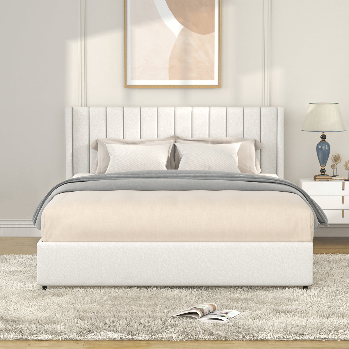 Latitude Run® Queen Size Ivory Boucle Upholstered Platform Bed with ...