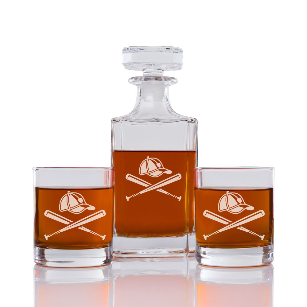 World Menagerie Baseball Engraved 3 Piece Whiskey Decanter Set | Wayfair