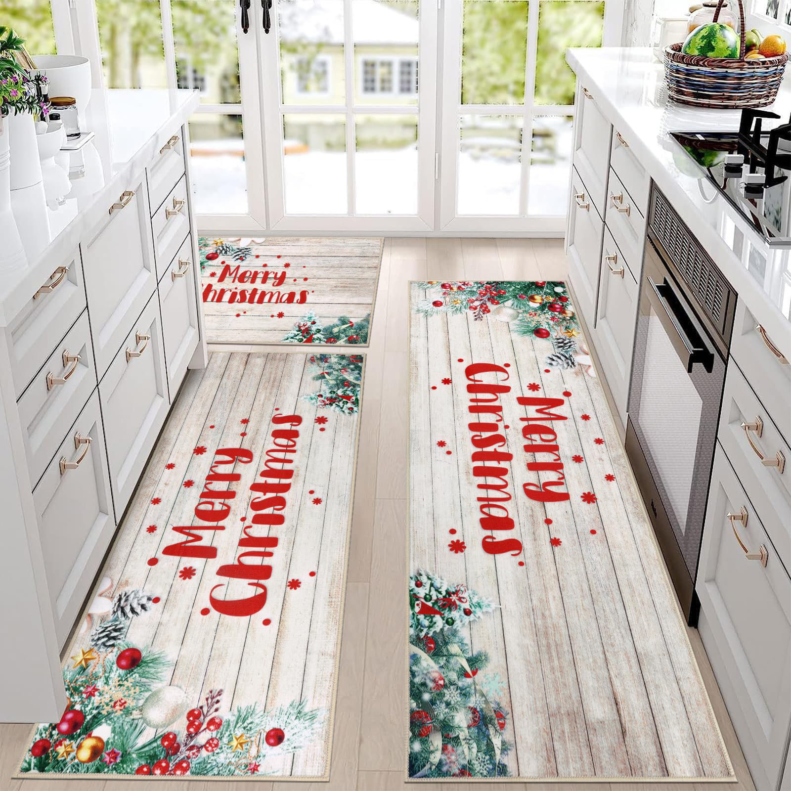 The Holiday Aisle® Christmas Washable Kitchen Rugs Sets of 3 | Wayfair