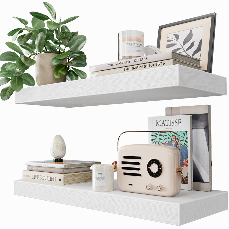 Ebern Designs Mosig 2 Piece Solid Wood Floating Shelf with Invisible ...